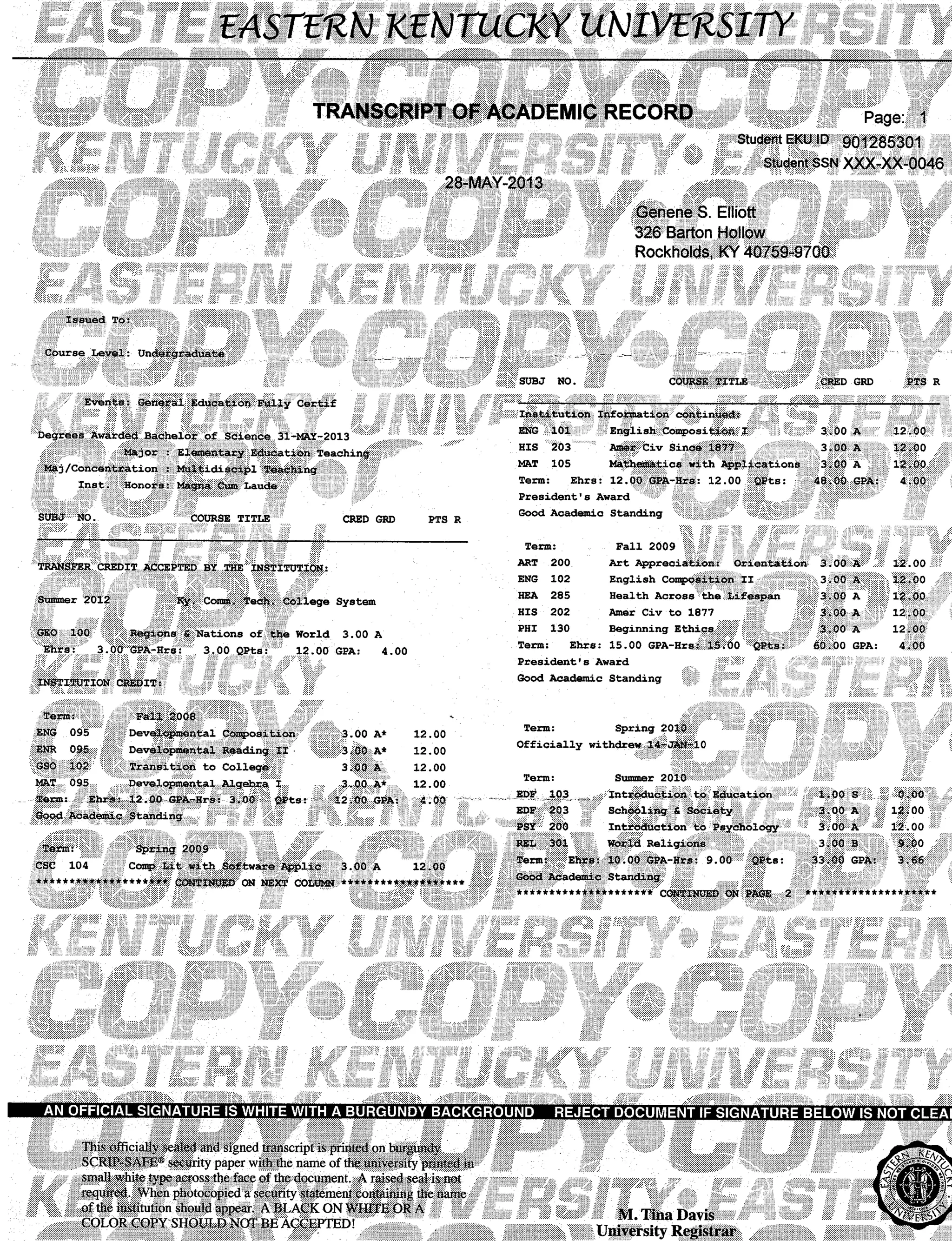 EKU Transcript pg1 | PDF