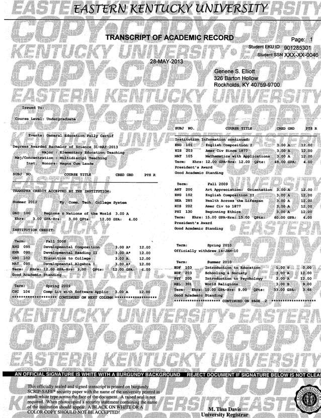 EKU Transcript pg1 | PDF