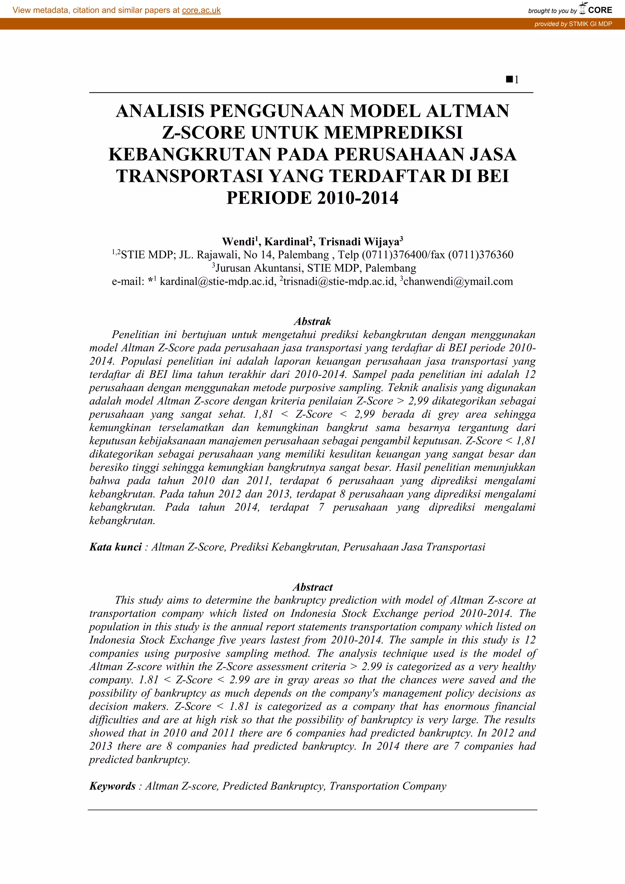 Analisis Penggunaan Model Altman Z-Score untuk Memprediksi Kebangkrutan pada Perusahaan Jasa ...