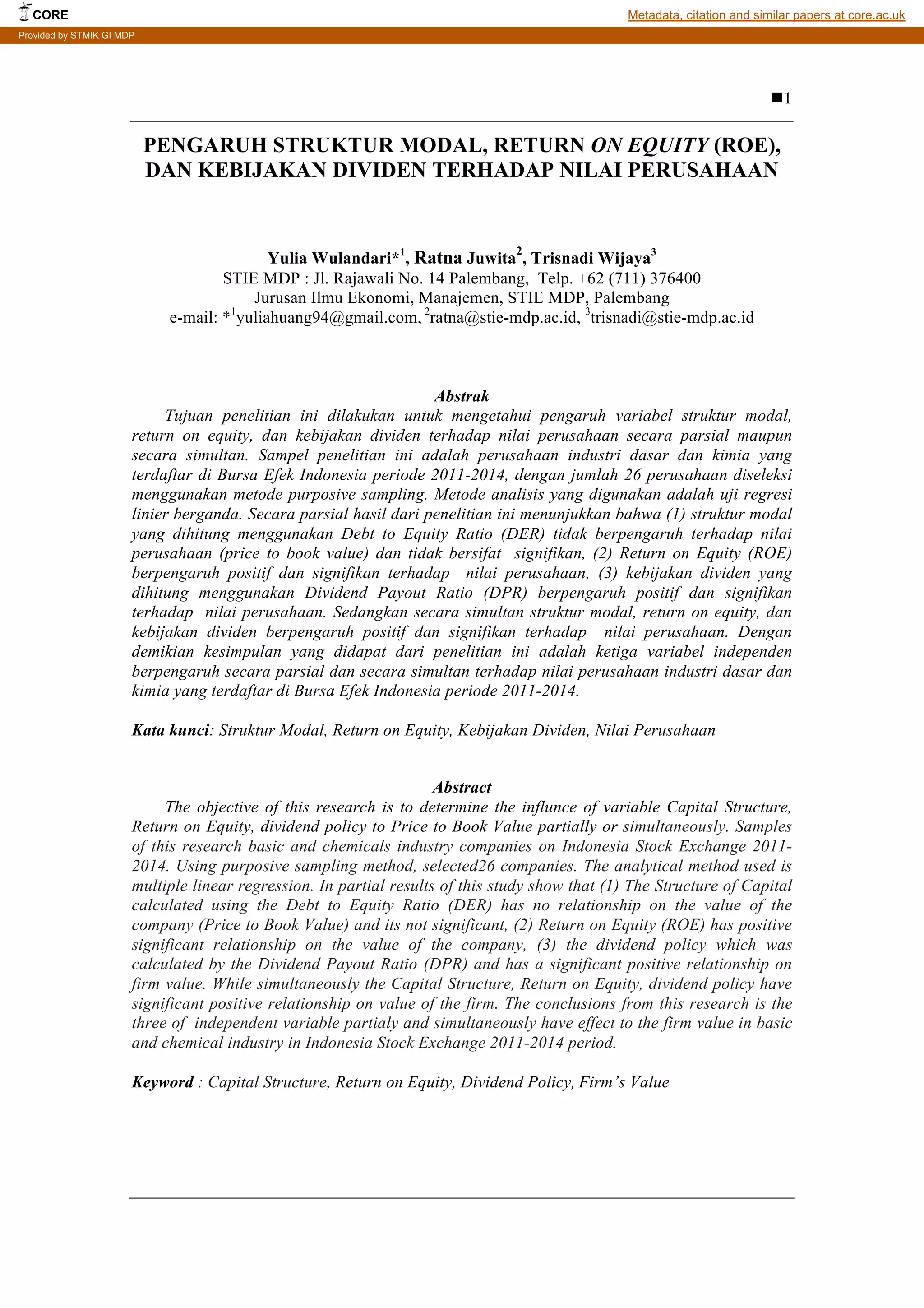 Pengaruh Struktur Modal, Return on Equity (ROE), dan Kebijakan Dividen ...