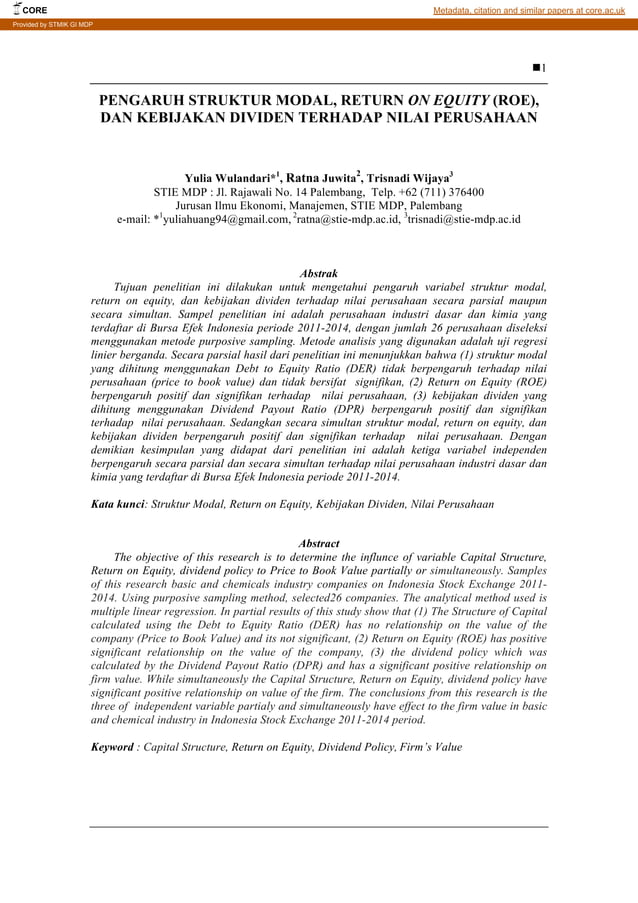 Pengaruh Struktur Modal, Return on Equity (ROE), dan Kebijakan Dividen terhadap Nilai Perusahaan ...