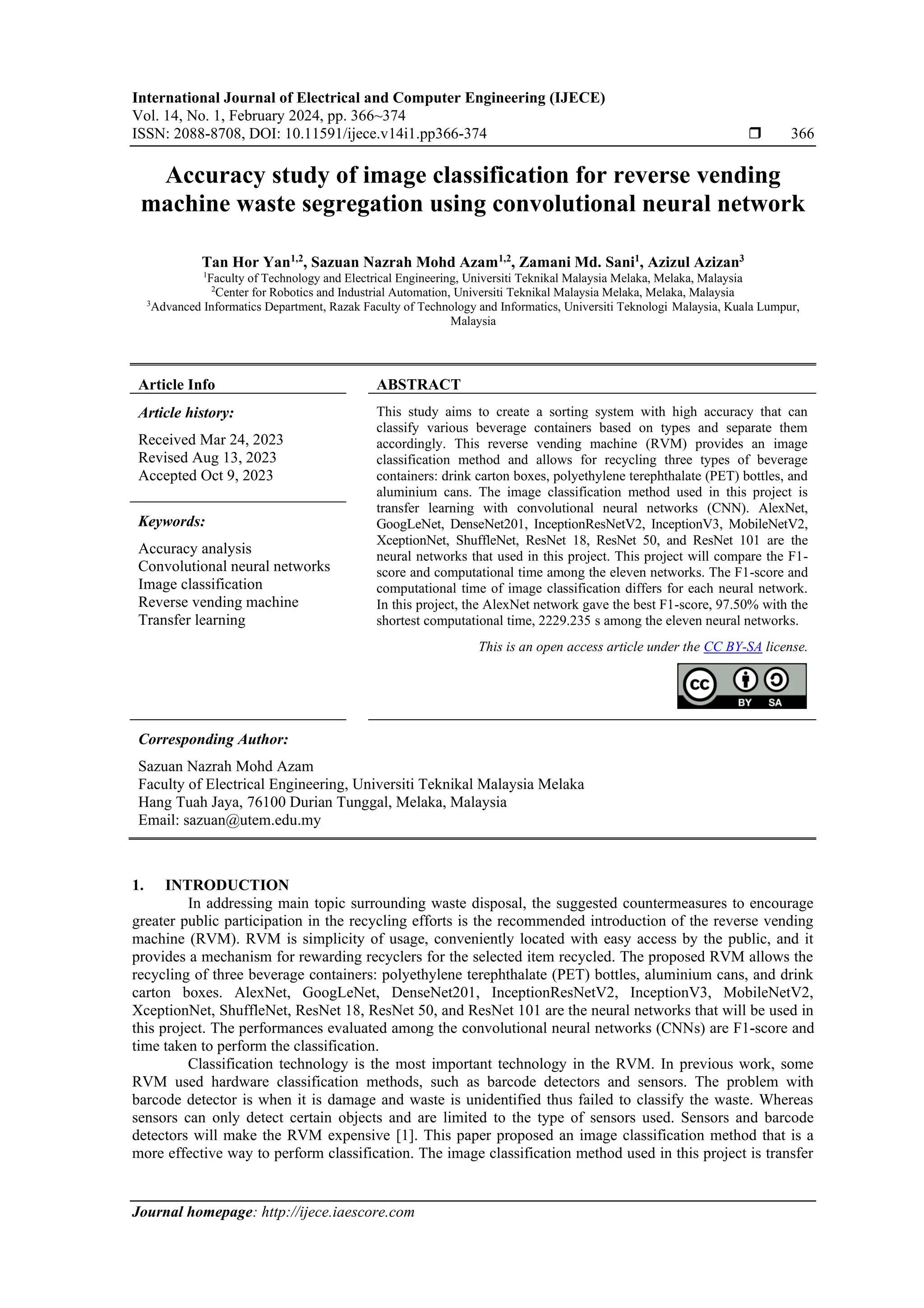 Accuracy study of image classification for reverse vending machine waste segregation using ...