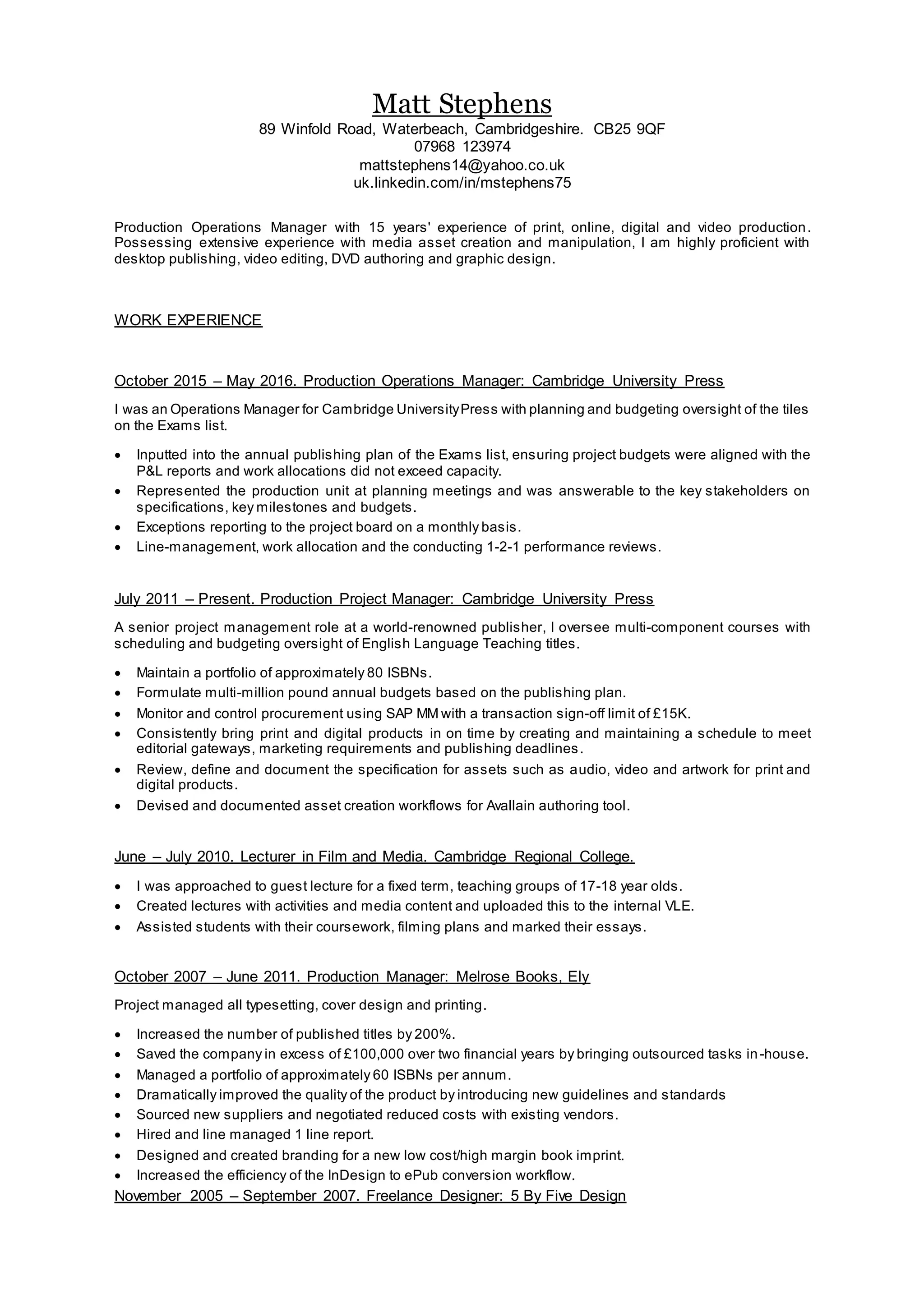 Matt Stephens CV 2016i | DOCX | Video Production | Content Production