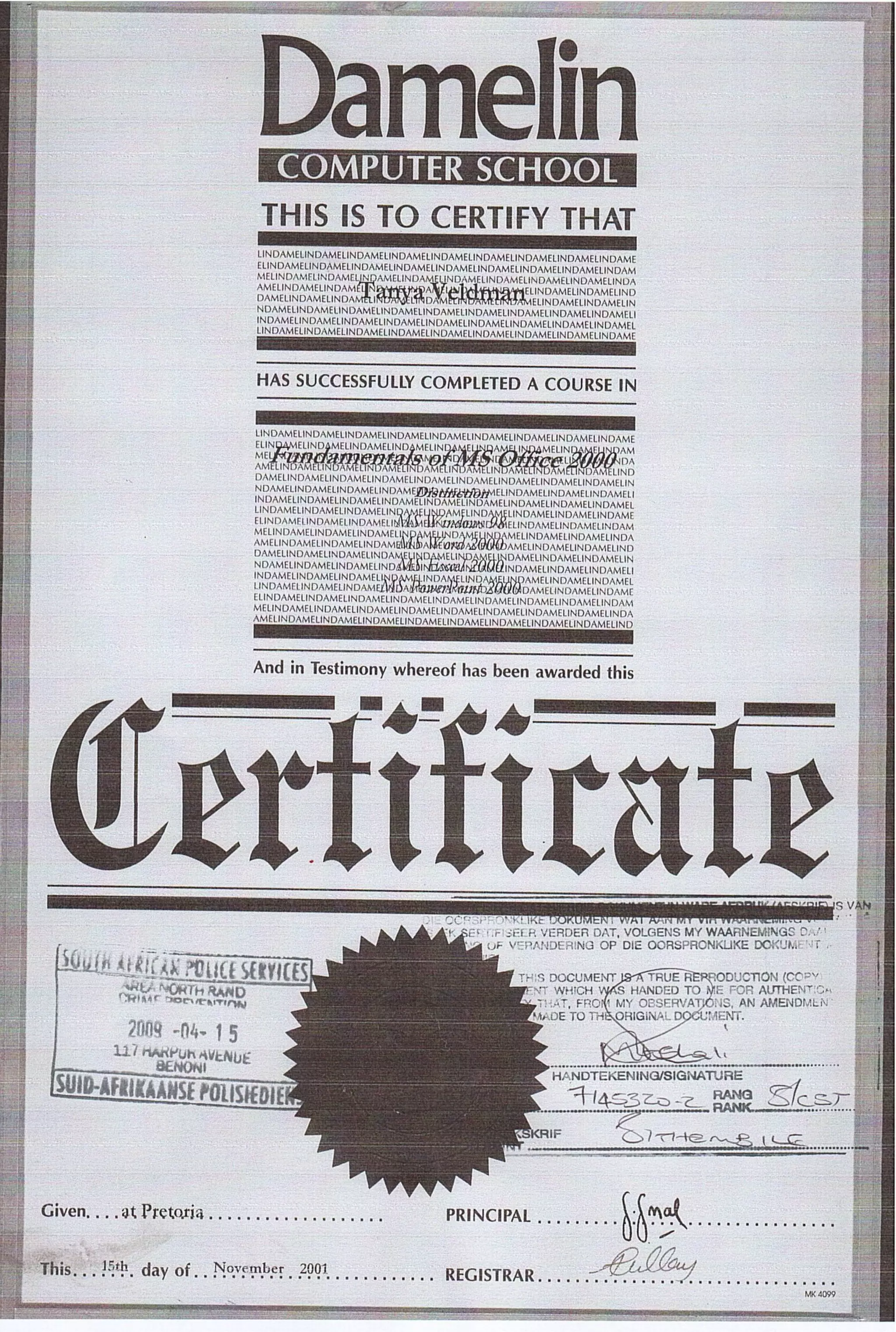 Damelin - Certificate | PDF