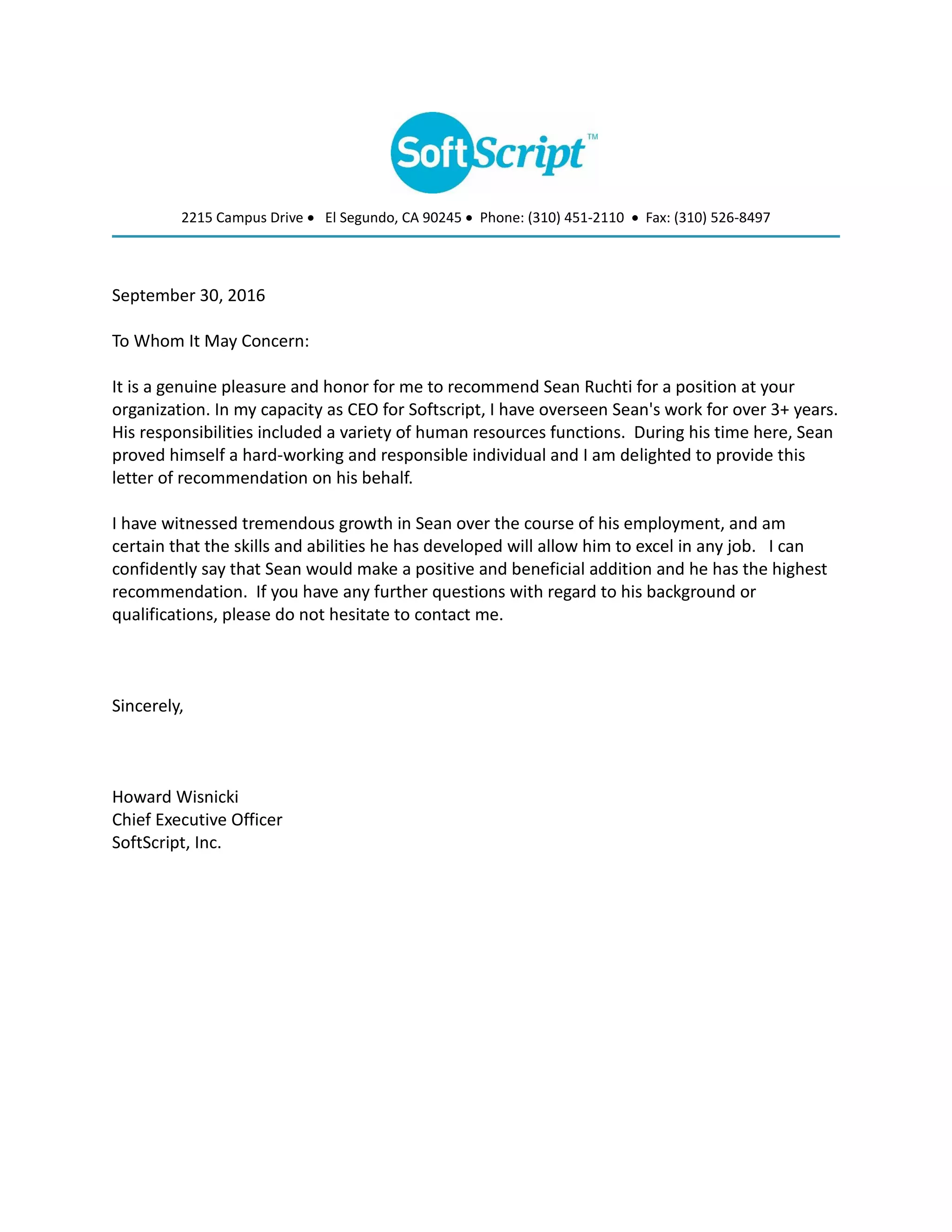 Sean - Recommendation Letter 9.30.16 (1) | PDF