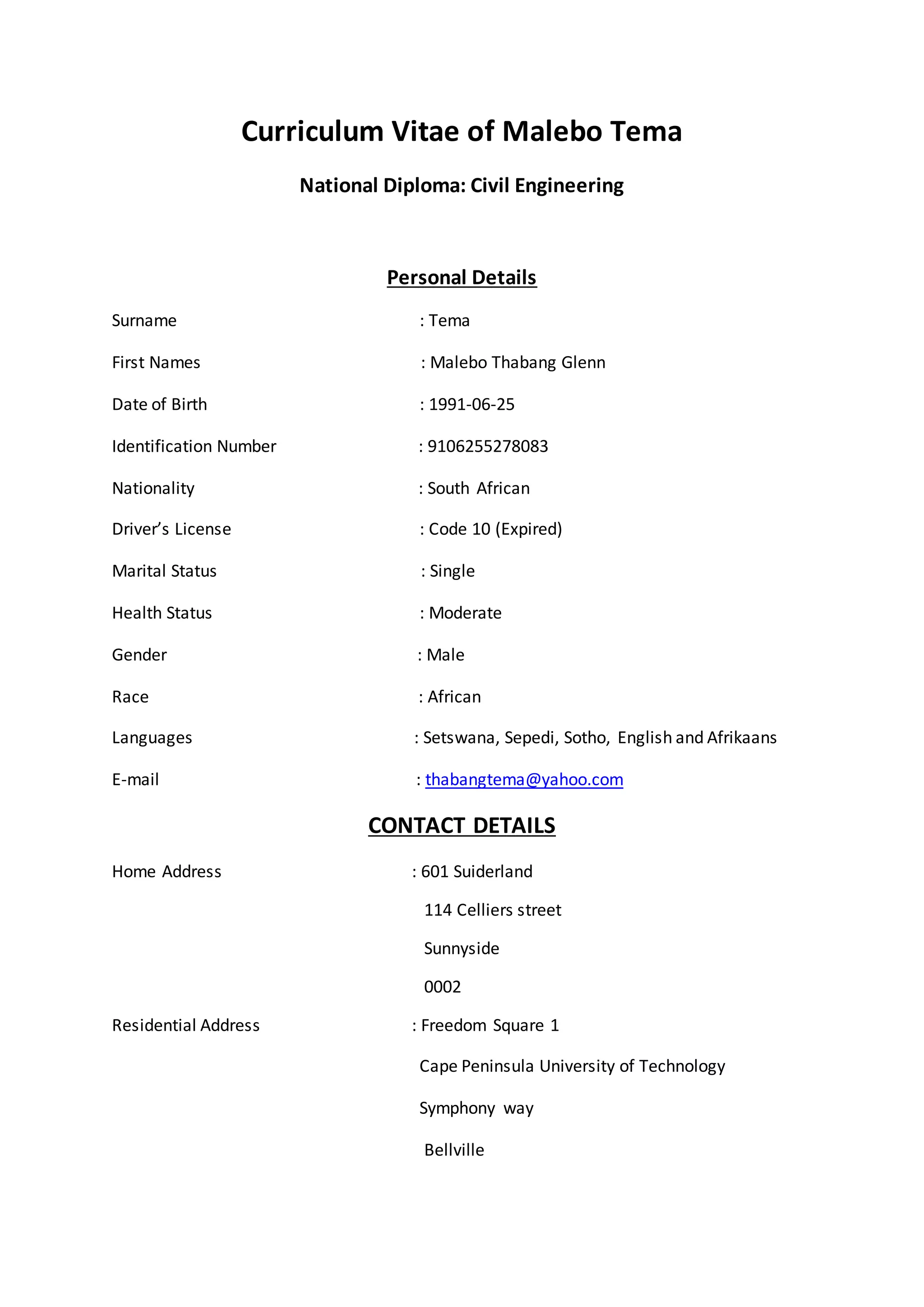 Curriculum Vitae of Malebo Tema2 | DOCX