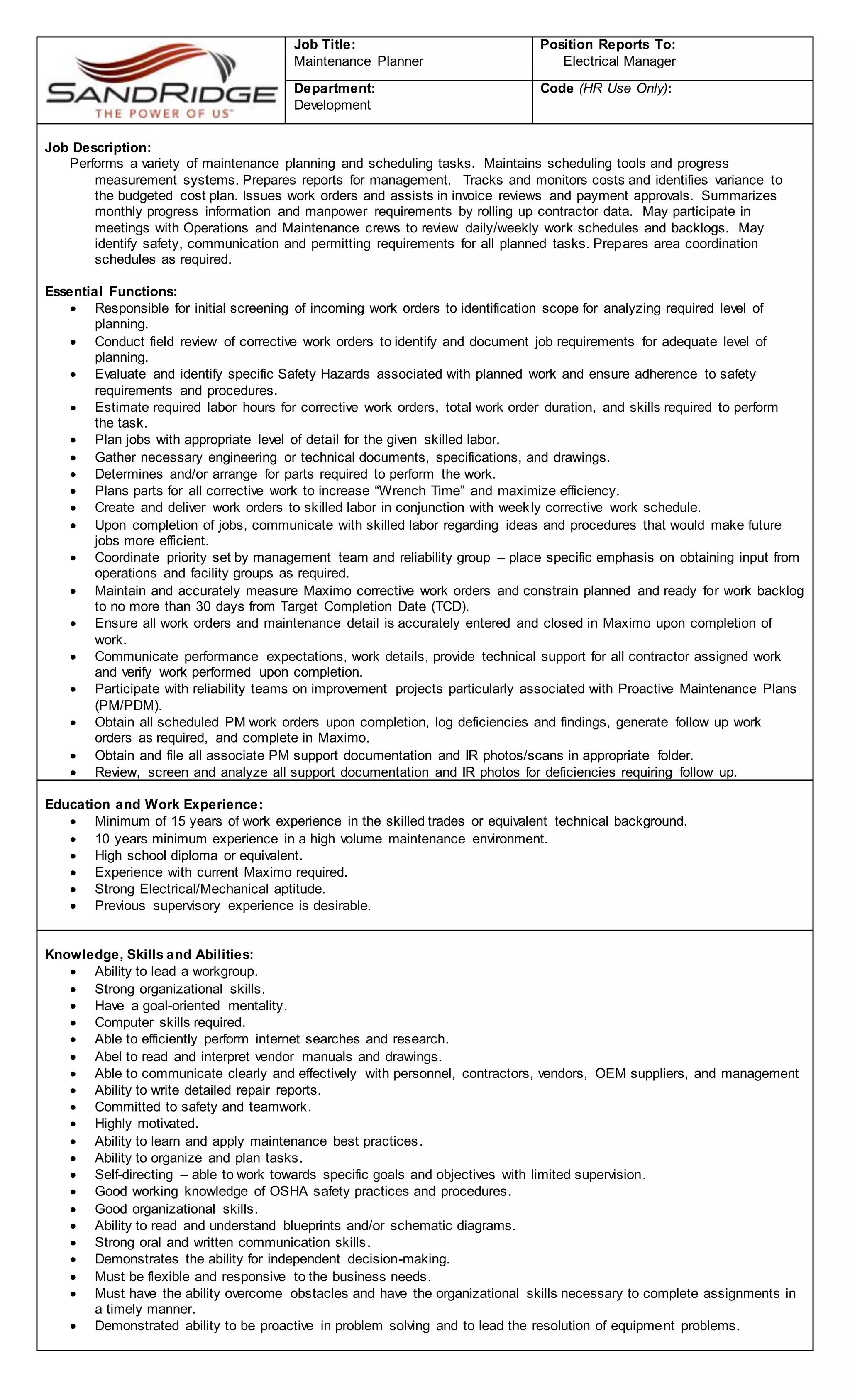 Job Description Maintenance Planner | DOCX