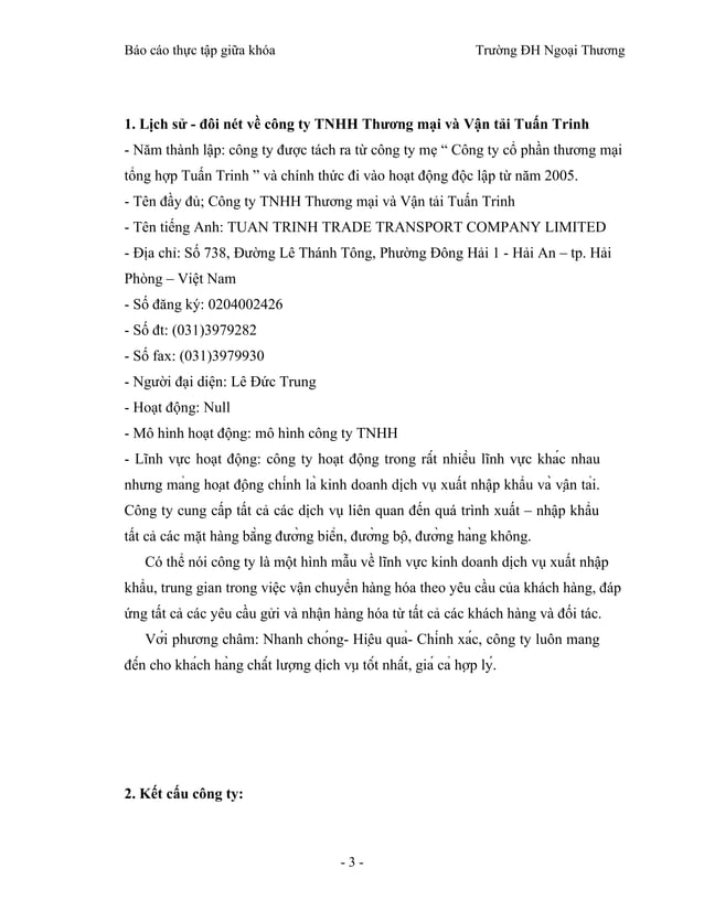 Báo cáo thực tập hoạt động xuất nhập khẩu của công ty TNHH Thương mại và vận tải Tuấn Trinh | PDF