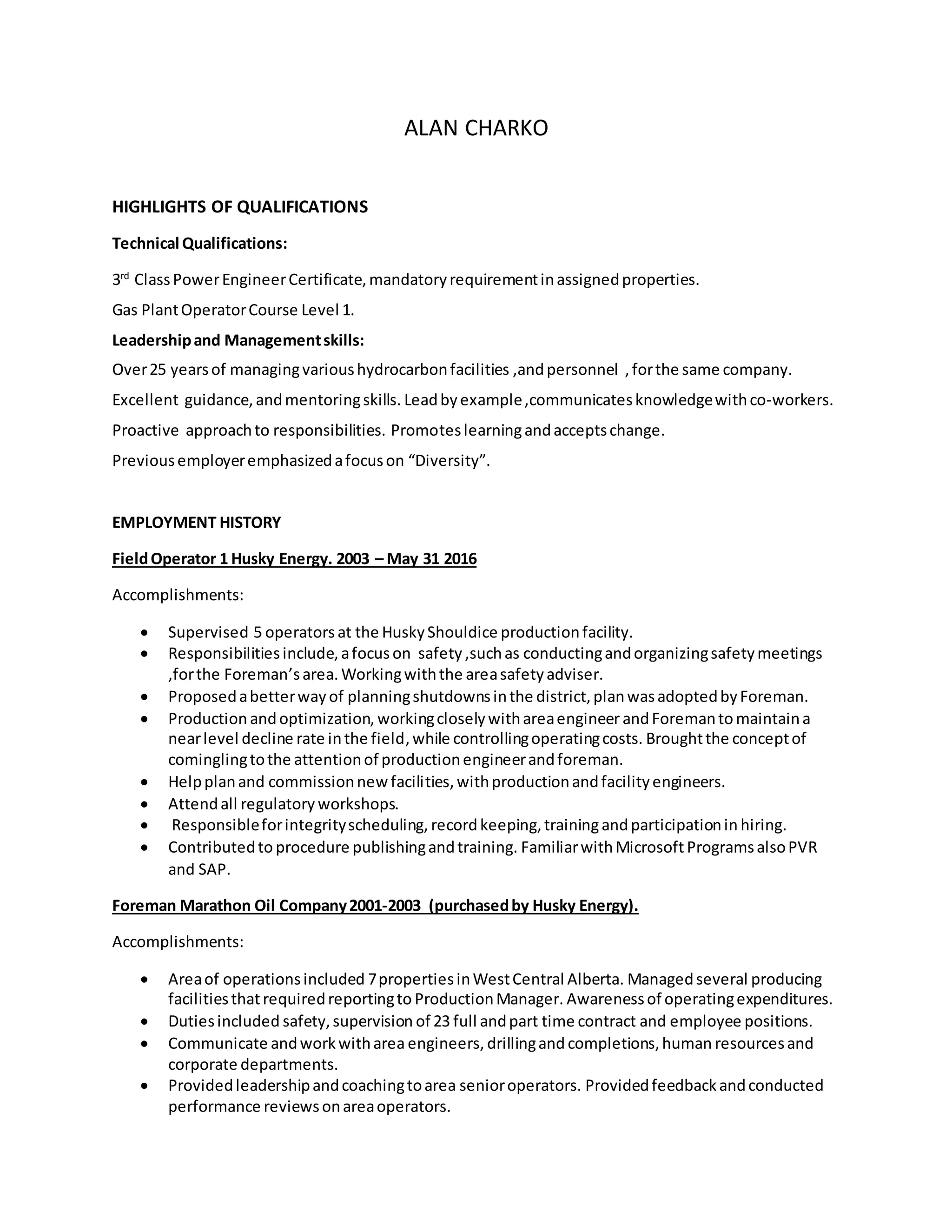 Resume of Alan Douglas Charko | DOCX