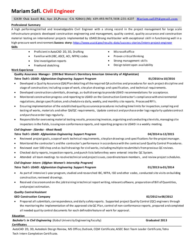 Mariam Safi Resume | DOCX | Civil Engineering Industry | Industries