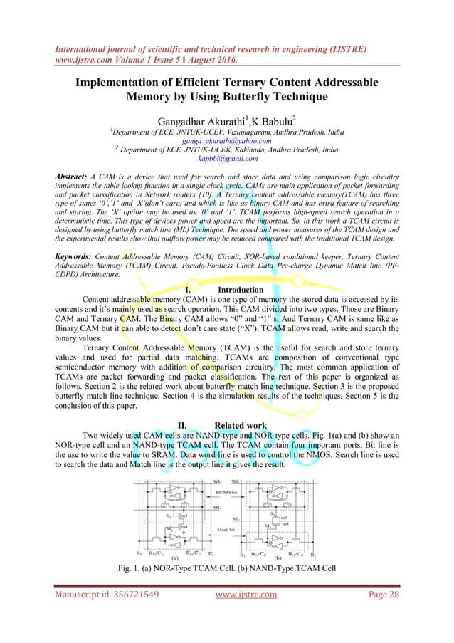 Implementation of Efficient Ternary Content Addressable Memory by Using Butterfly Technique | PDF