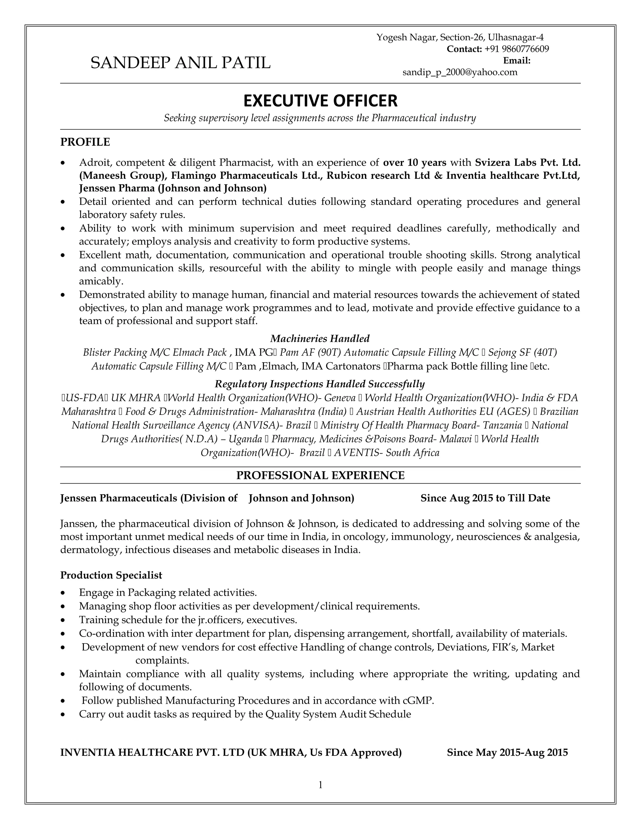 Resume | DOC | Pharmaceutical Industry | Industries