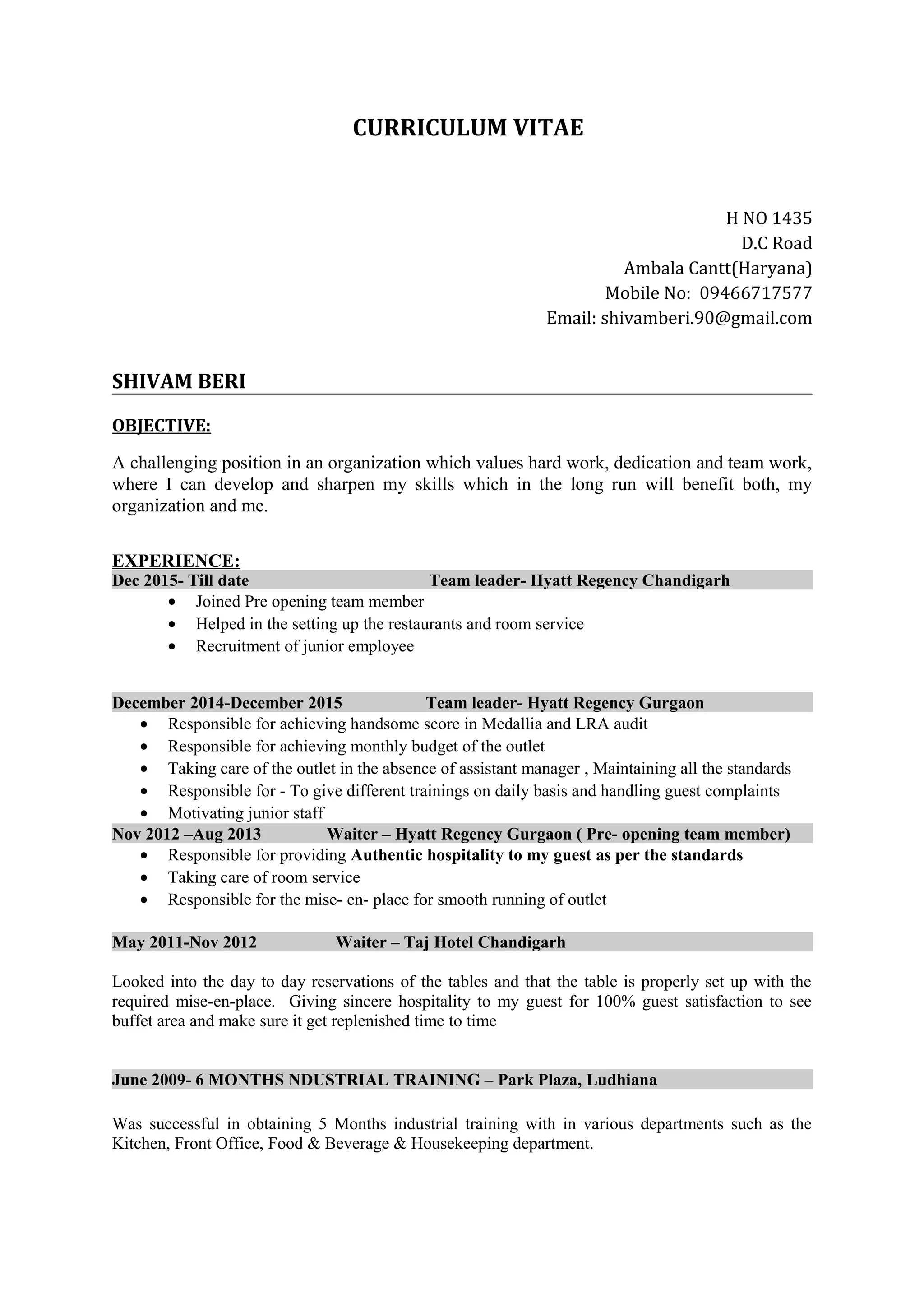 SHIVAM CV | DOC | Hospitality Industry | Industries