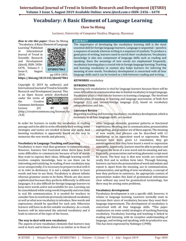 Vocabulary A Basic Element of Language Learning | PDF