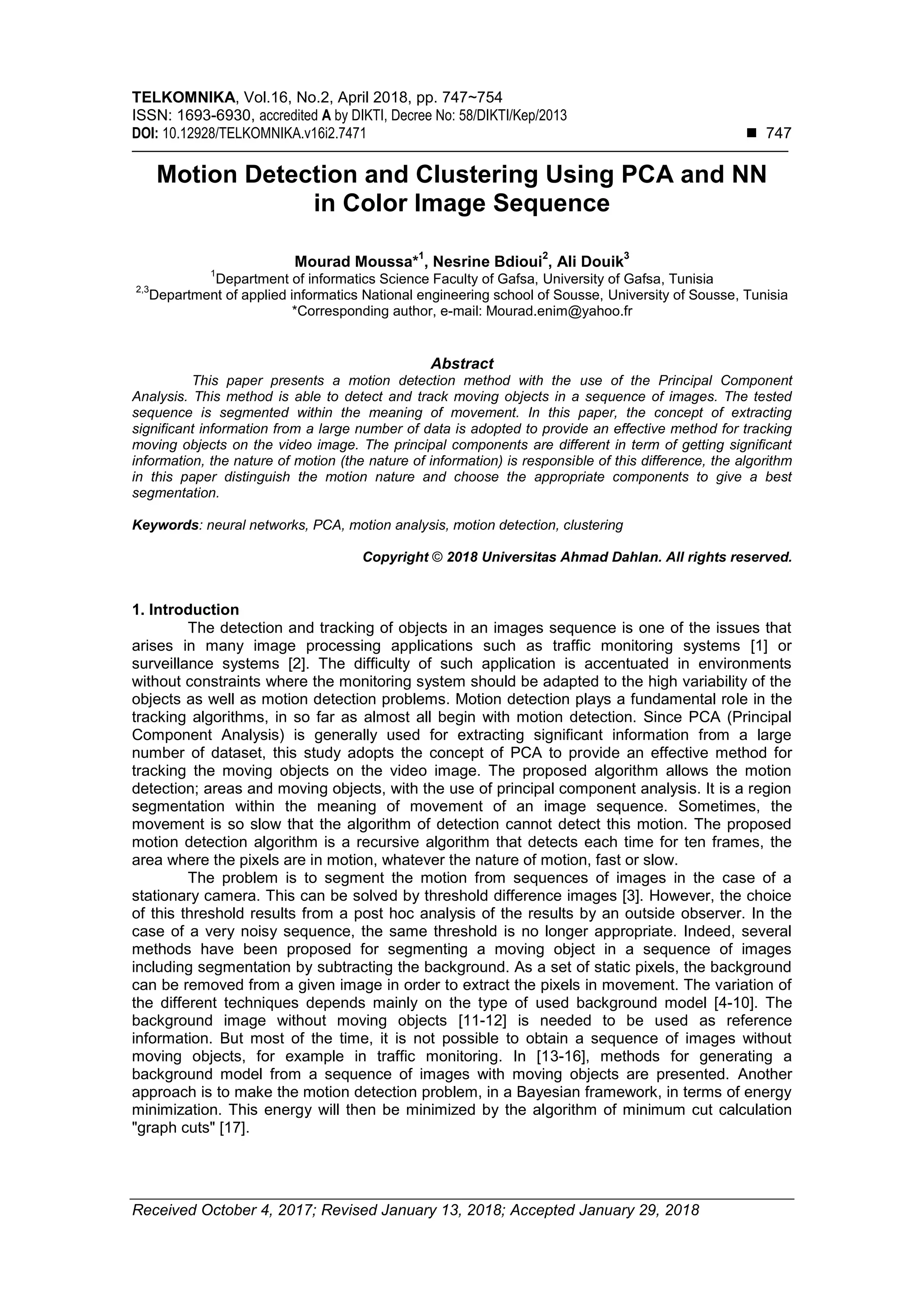 Motion Detection And Clustering Using Pca And Nn In Color Image