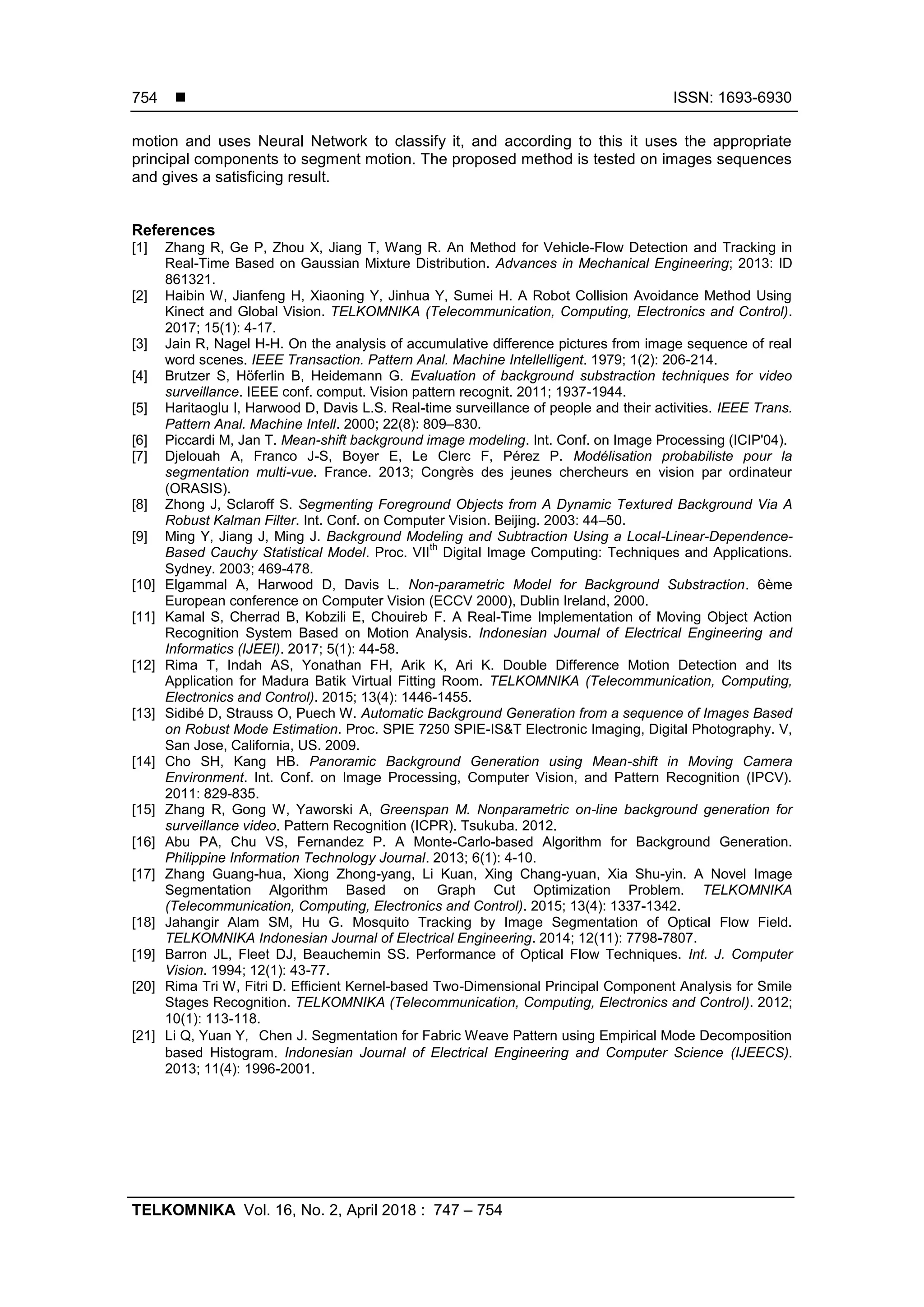 Motion Detection and Clustering Using PCA and NN in Color Image Sequence | PDF