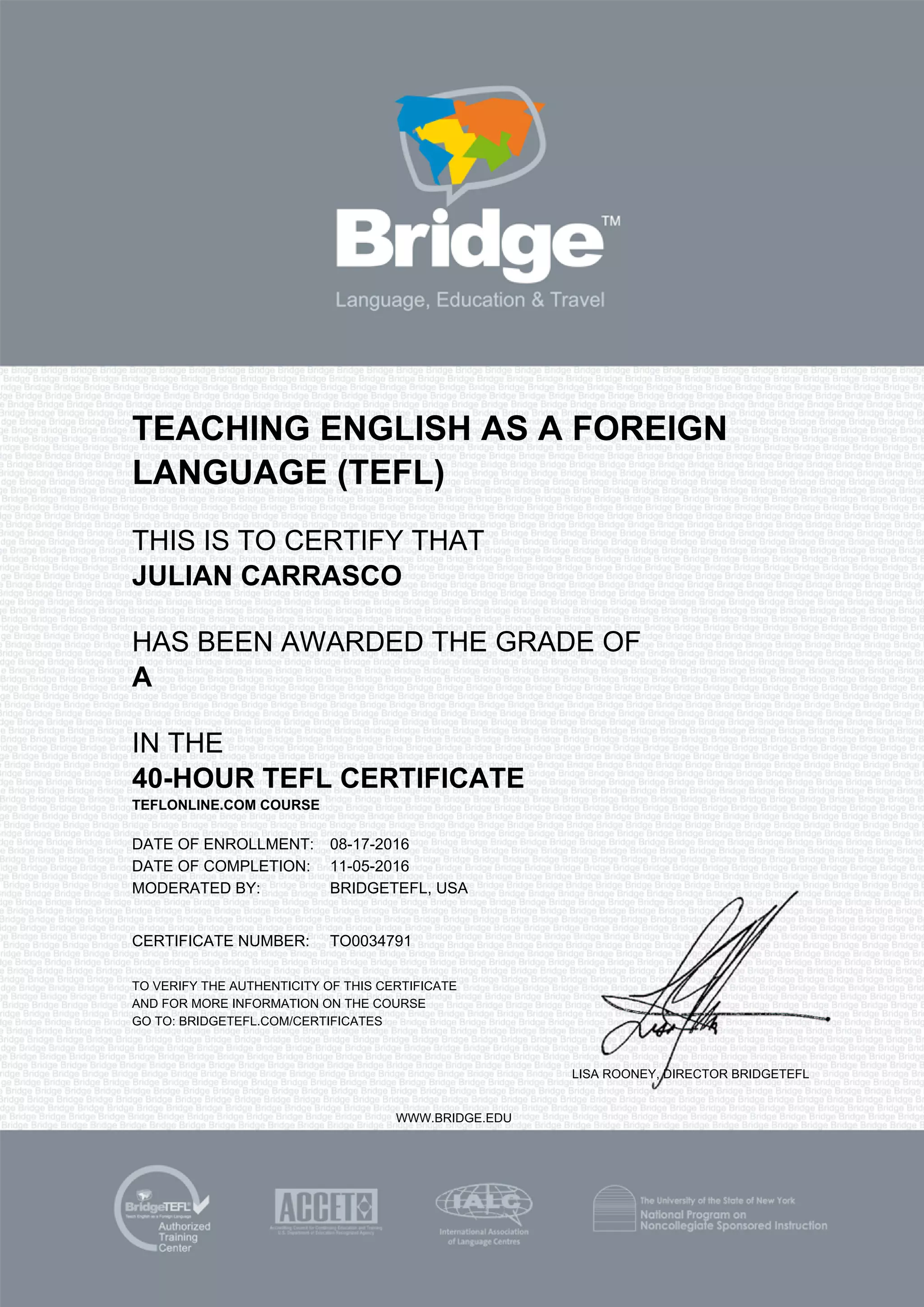 TEFL CERTIFICATE - JULIAN CARRASCO | PDF | Education