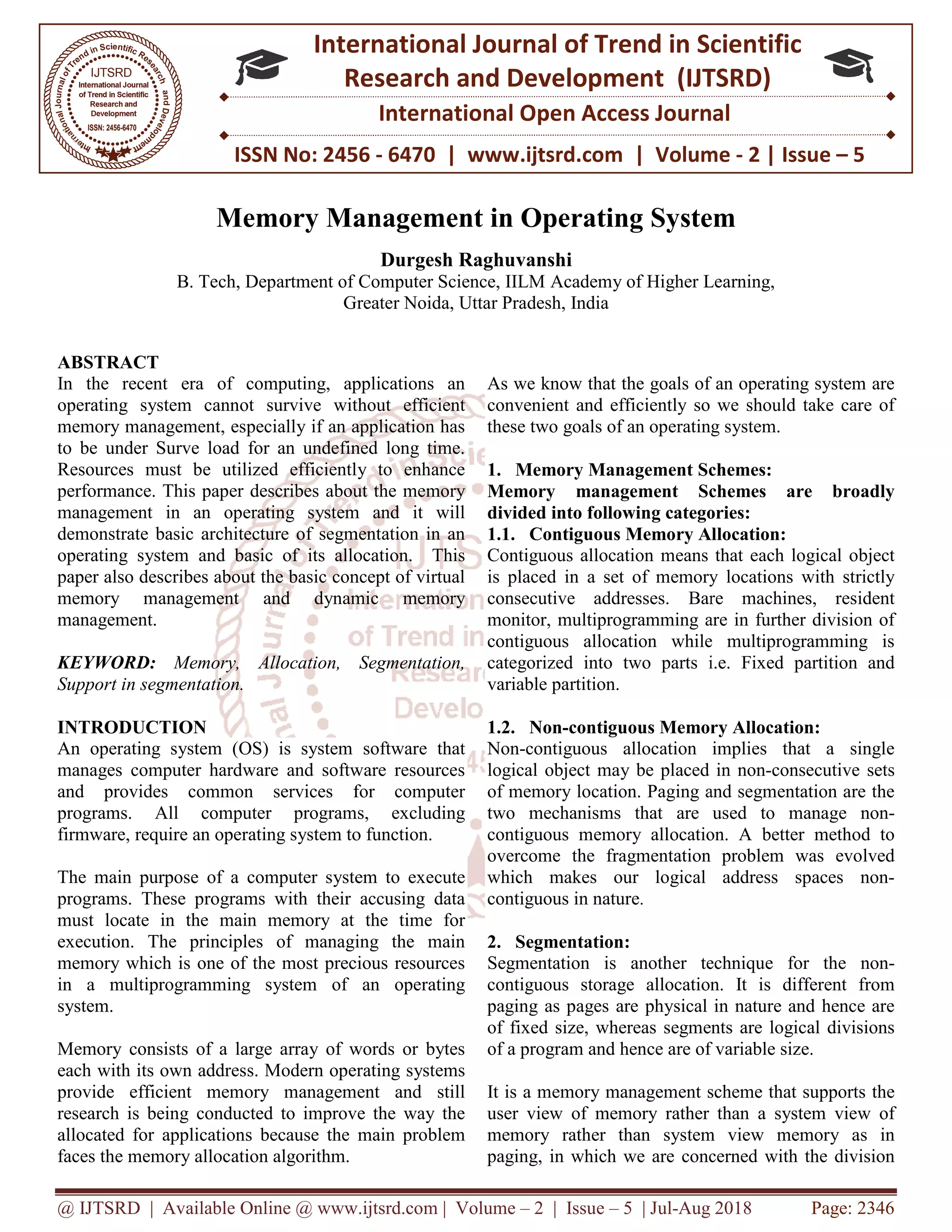 Memory Management in Operating System | PDF