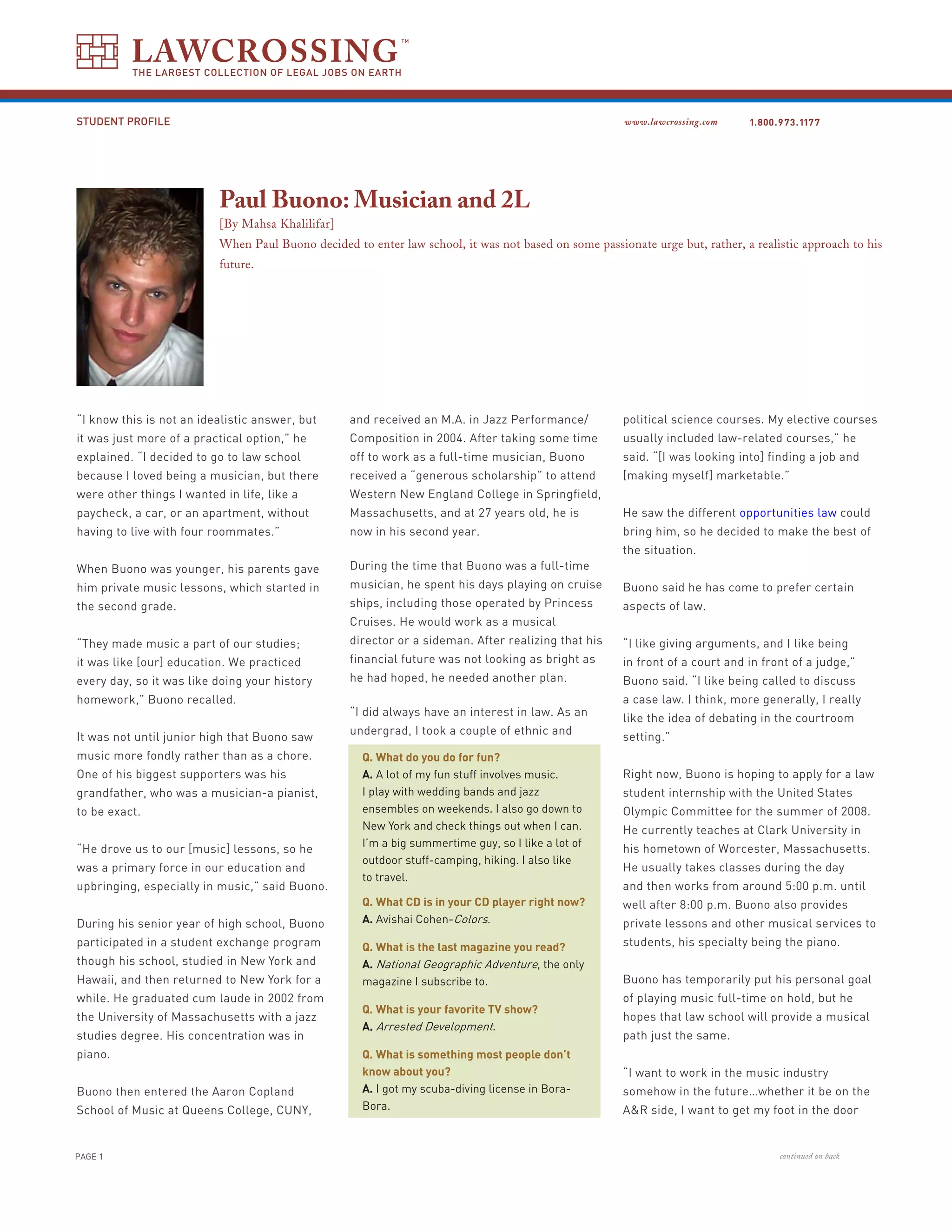 Paul Buono: Musician and 2L | PDF