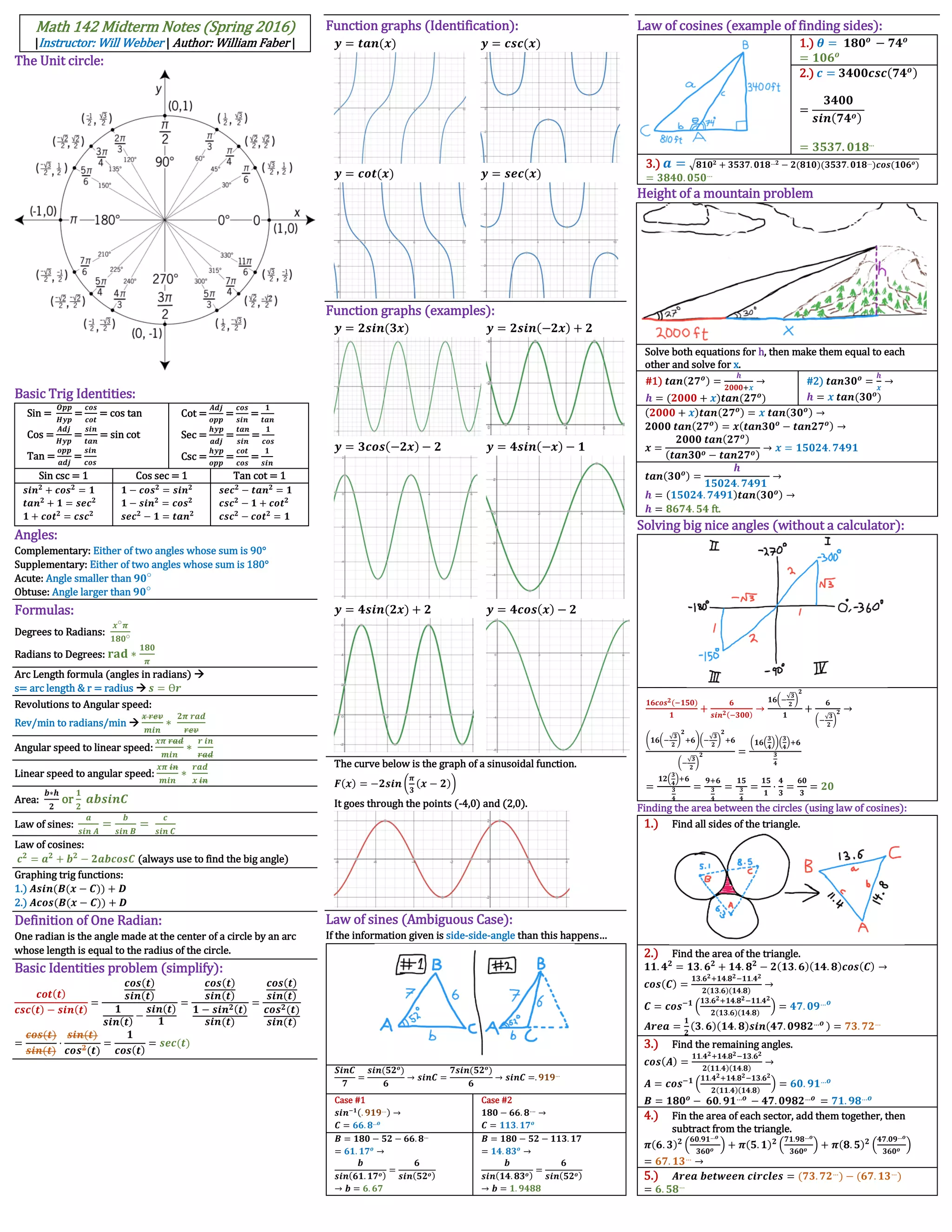 Pre-calculus 1, 2 and Calculus I (exam notes) | PDF