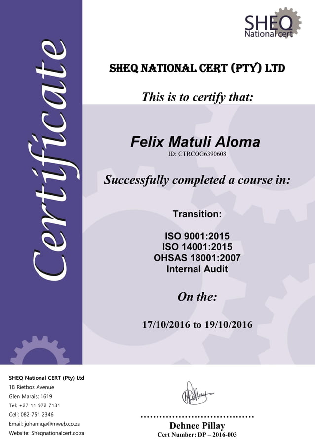 Felix Matuli Aloma F1-006 SHEQ National Cert Certificate (002) | PDF | Business | Business and ...