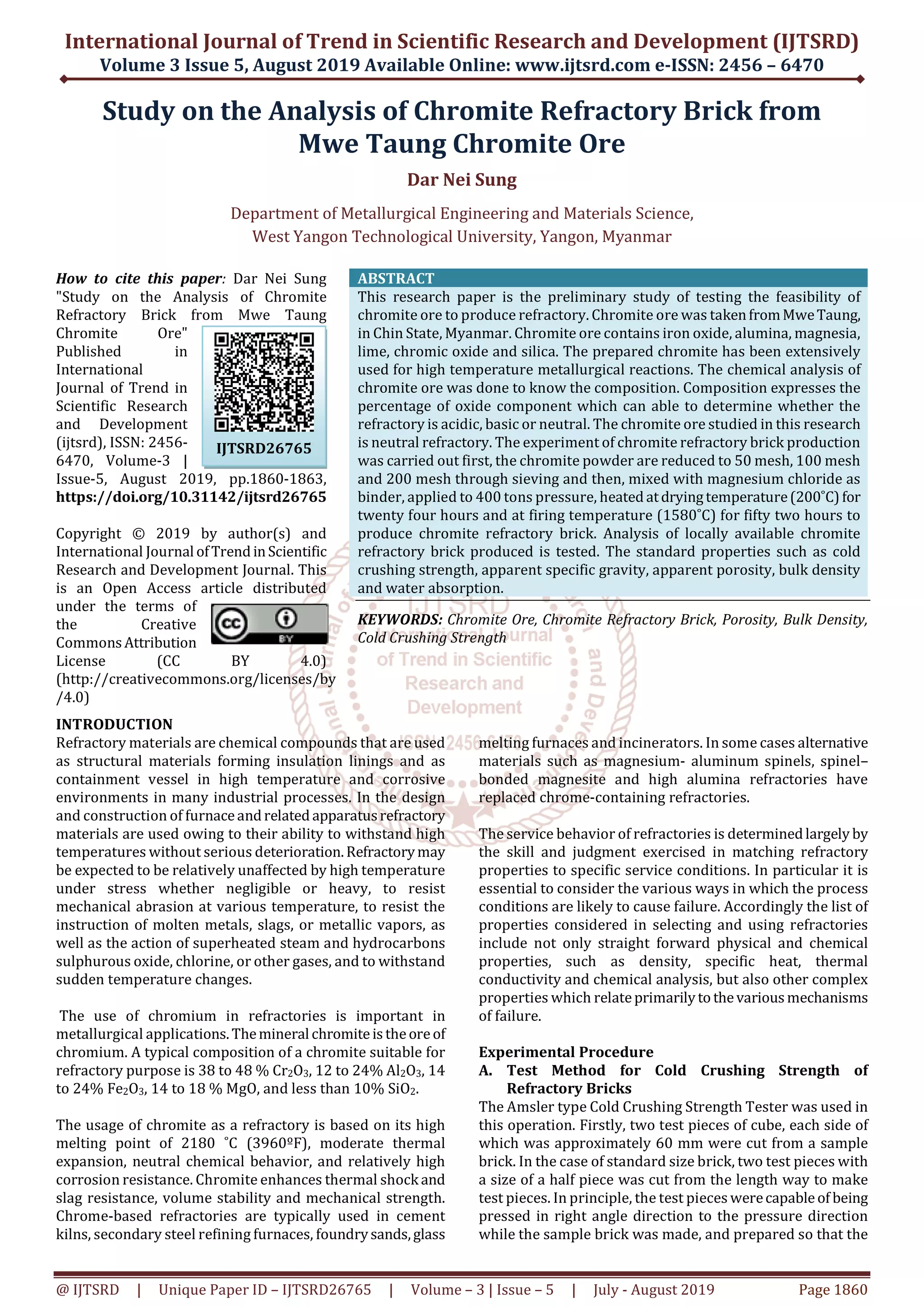 Study on the Analysis of Chromite Refractory Brick from Mwe Taung ...