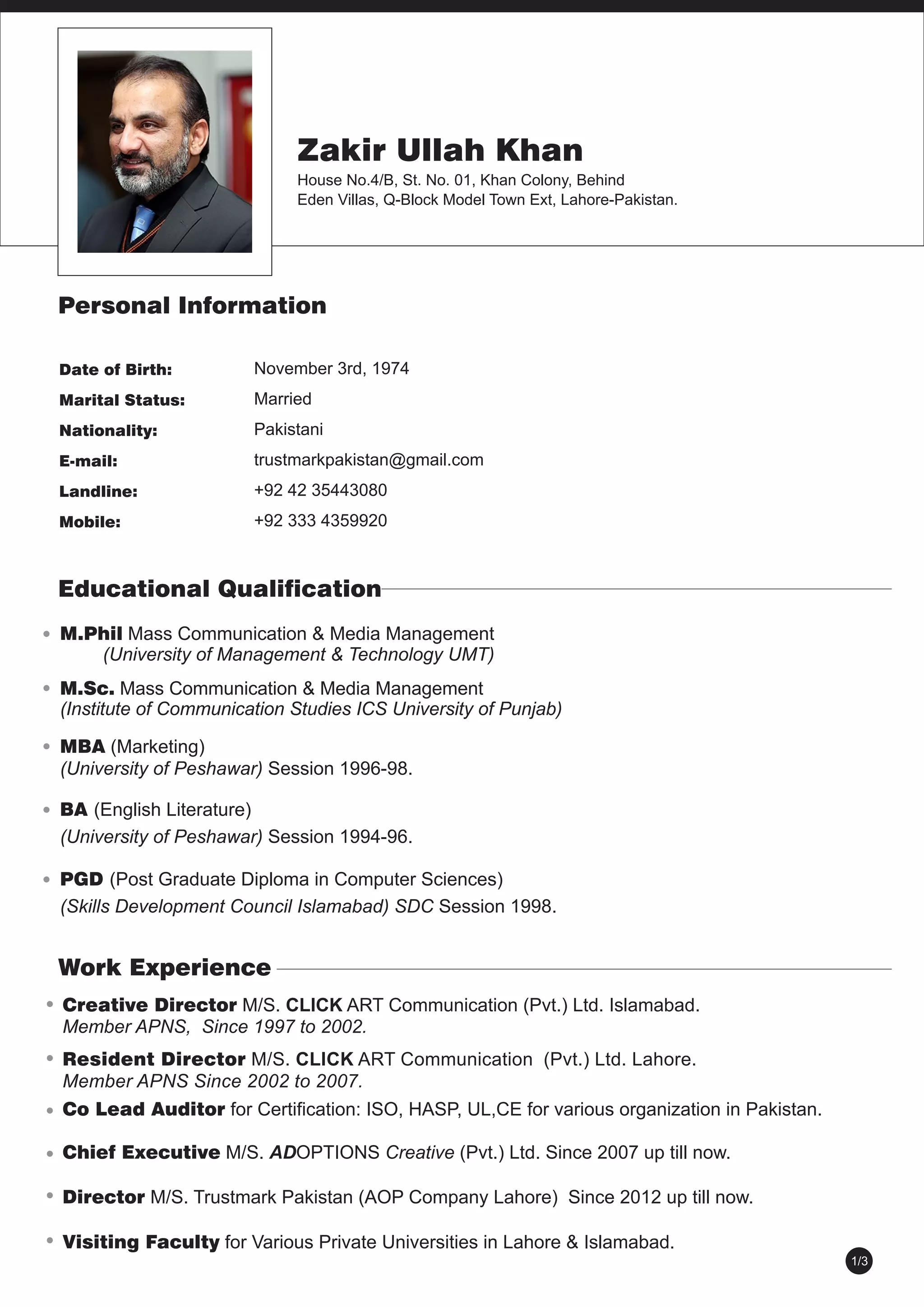 CV _ Zakir Ullah Khan (3) | PDF | Postgraduate Education | College Education