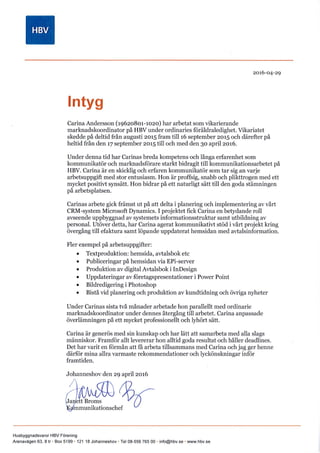 Intyg HBV Carina Andersson | PDF