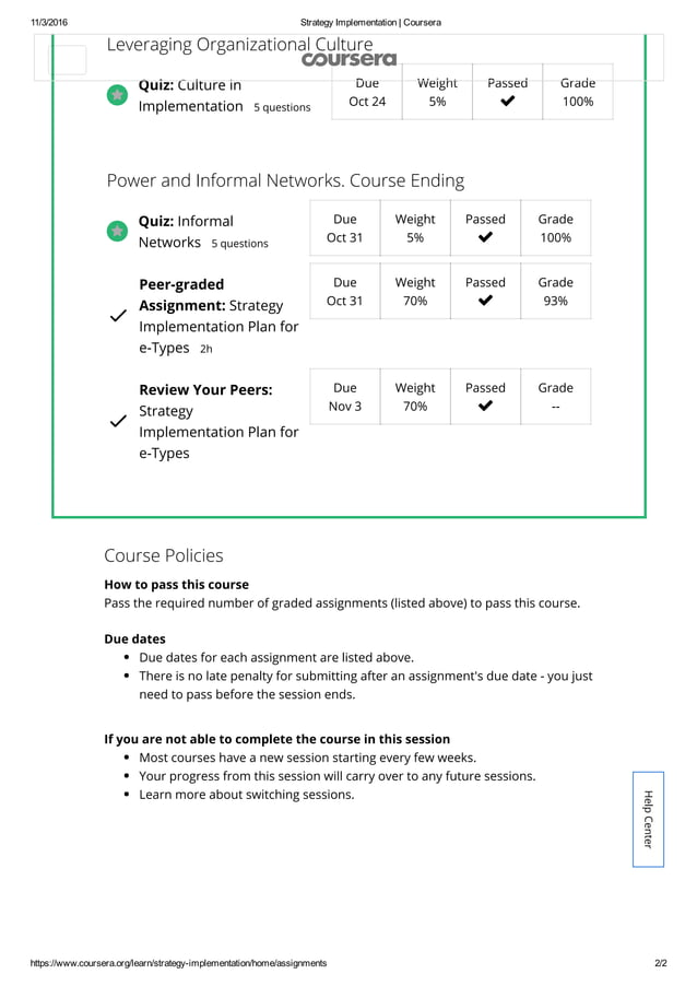 Strategy Implementation _ Coursera - Final Grade | PDF | Homework and Study | Education