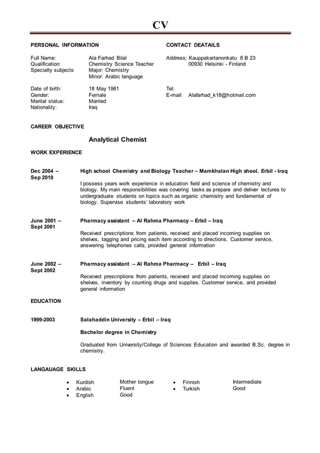 Ala Farhad Bilal CV | PDF