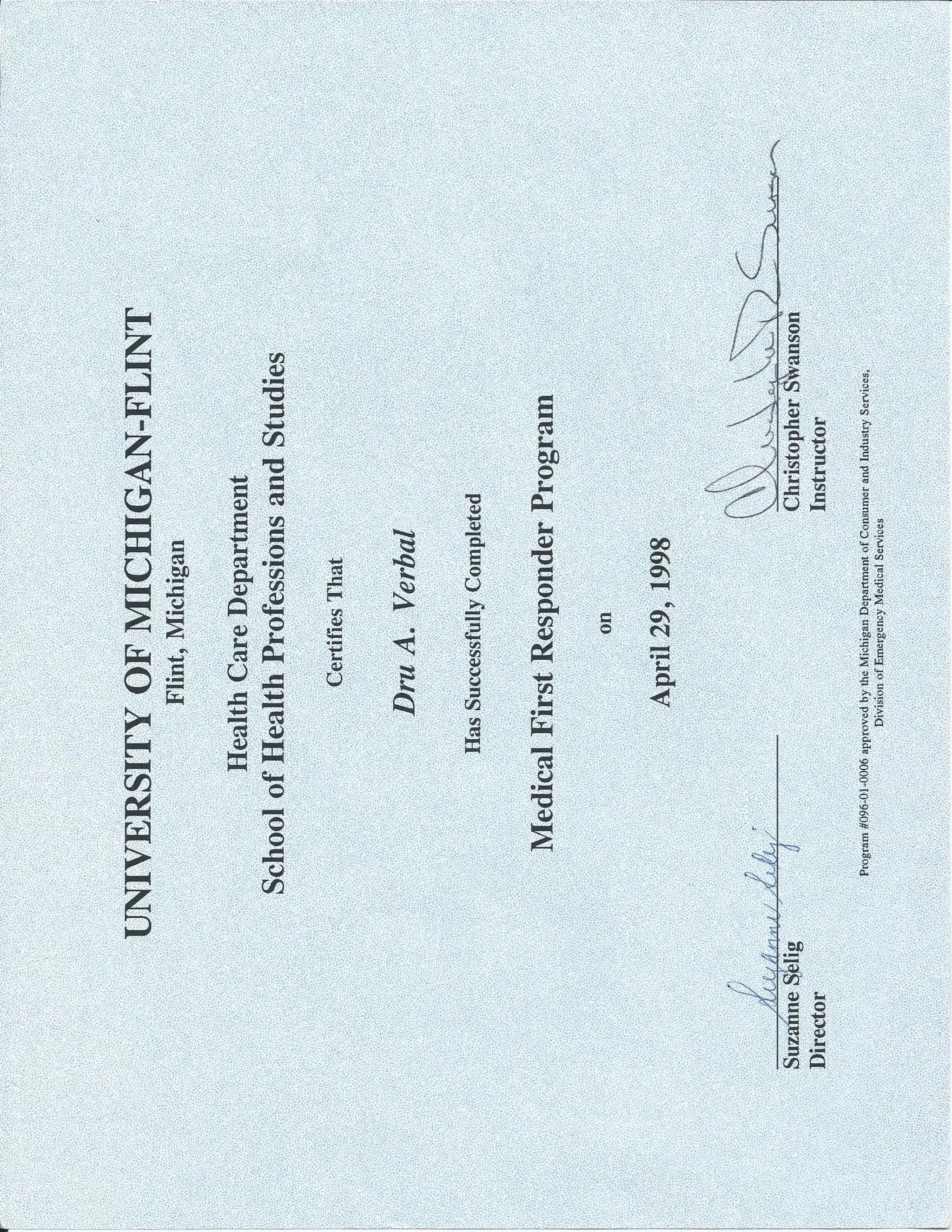 Medical First Responder Certificate 1998 | PDF