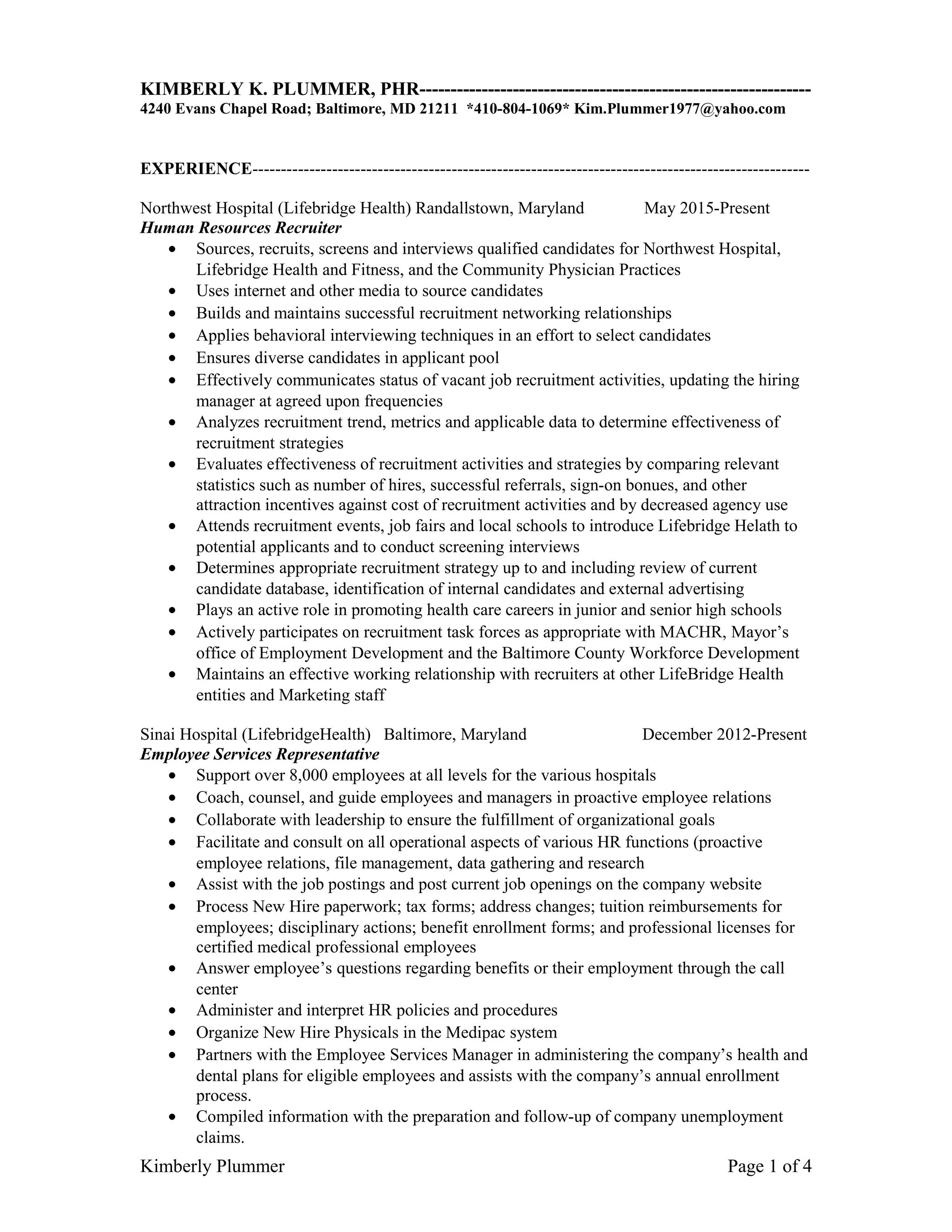 Kimberly Plummer's Resume. Updated | DOC | Human Resources | Business