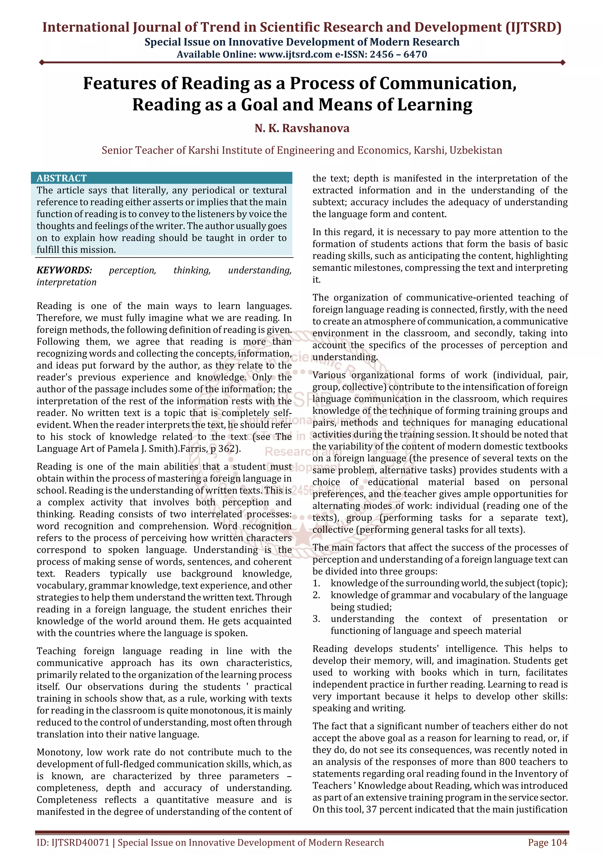 Features of Reading as a Process of Communication, Reading as a Goal ...