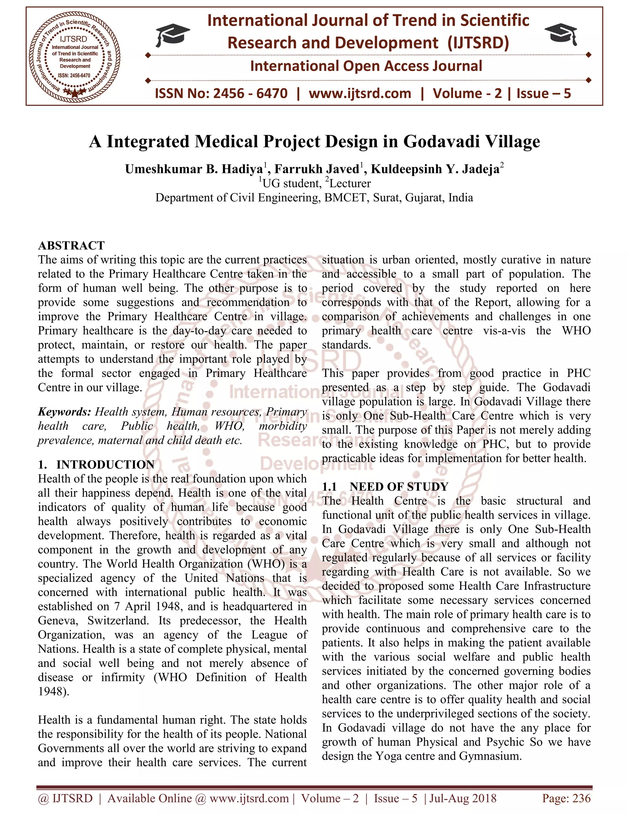 A Integrated Medical Project Design in Godavadi Village | PDF