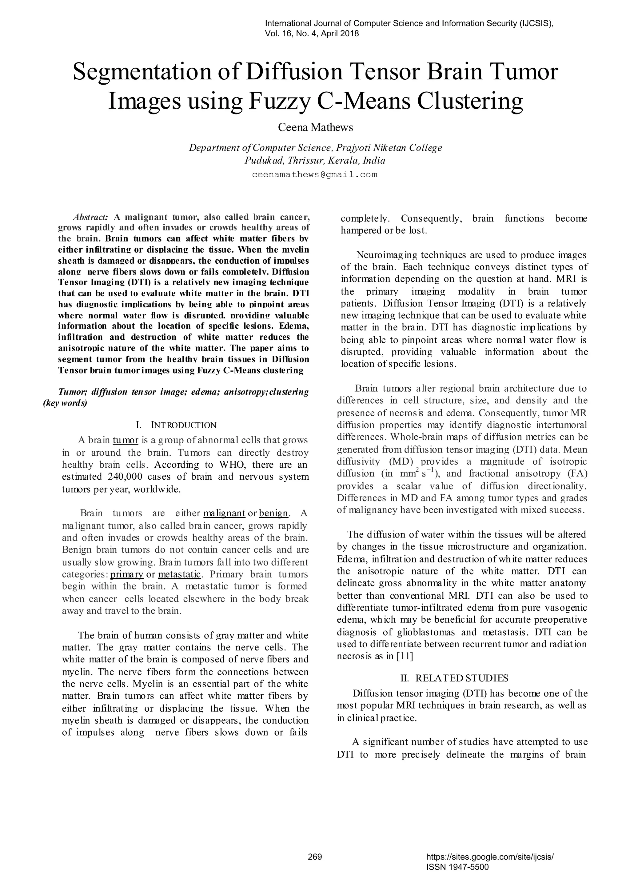 Segmentation Of Diffusion Tensor Brain Tumor Images Using Fuzzy C Means