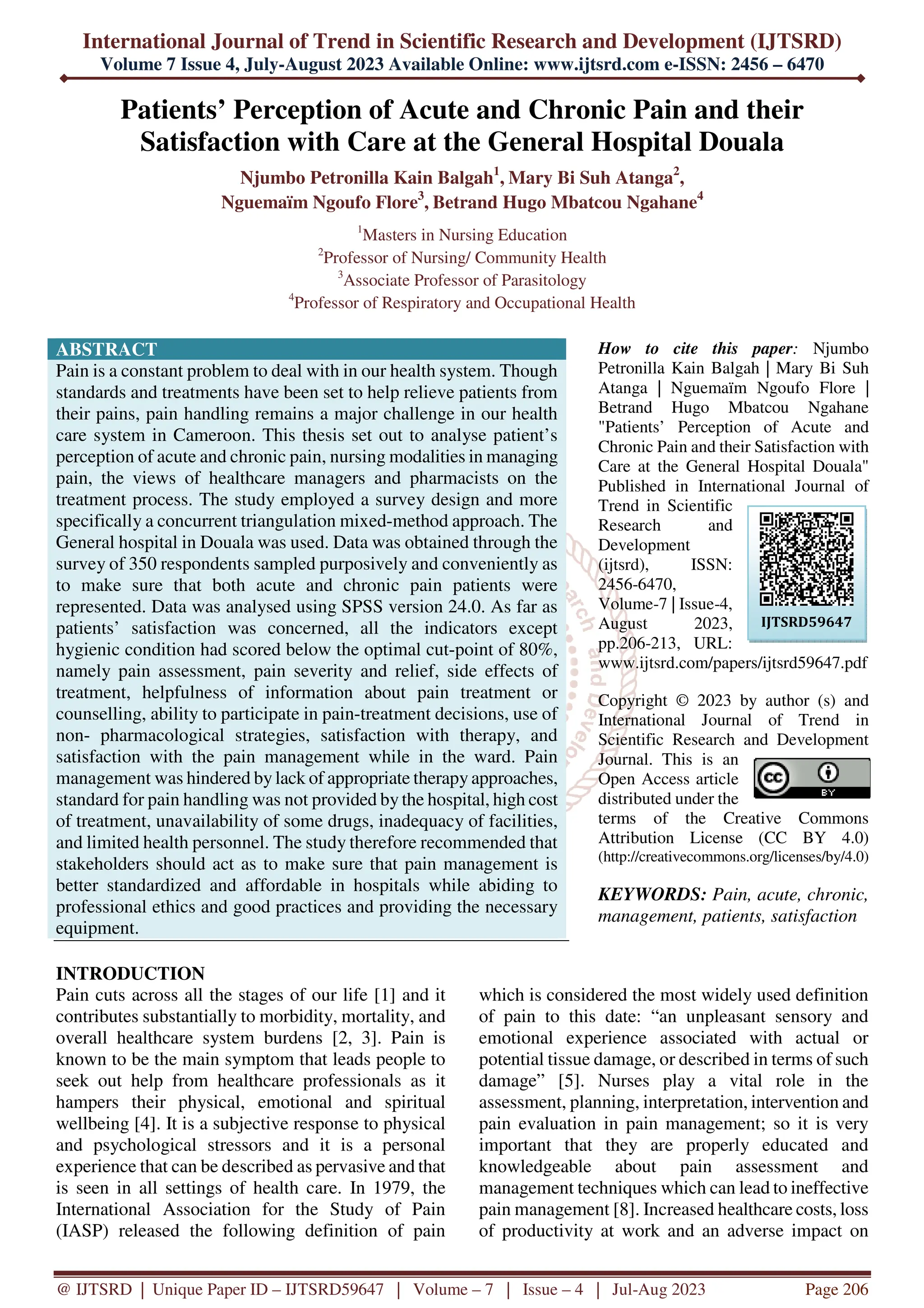 Patients' Perception of Acute and Chronic Pain and their Satisfaction with Care at the General ...