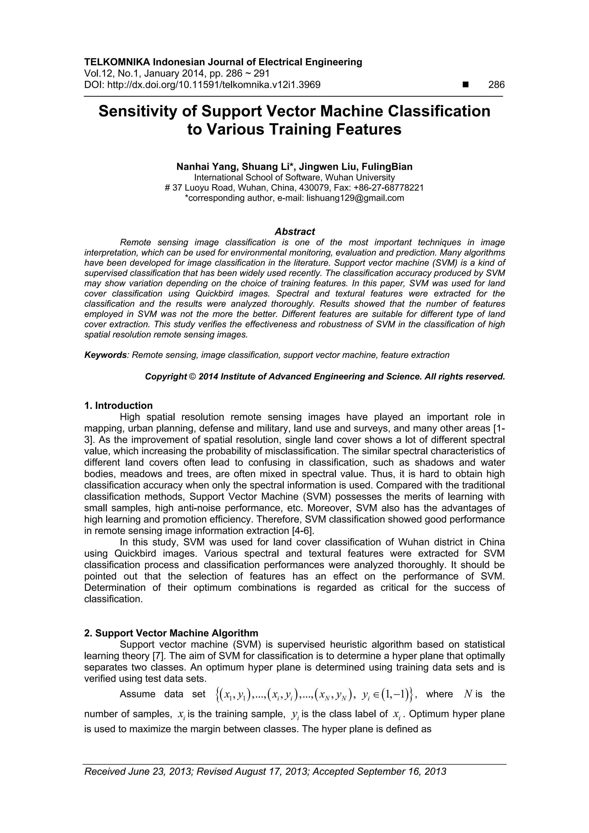 Sensitivity of Support Vector Machine Classification to Various Training Features | PDF ...