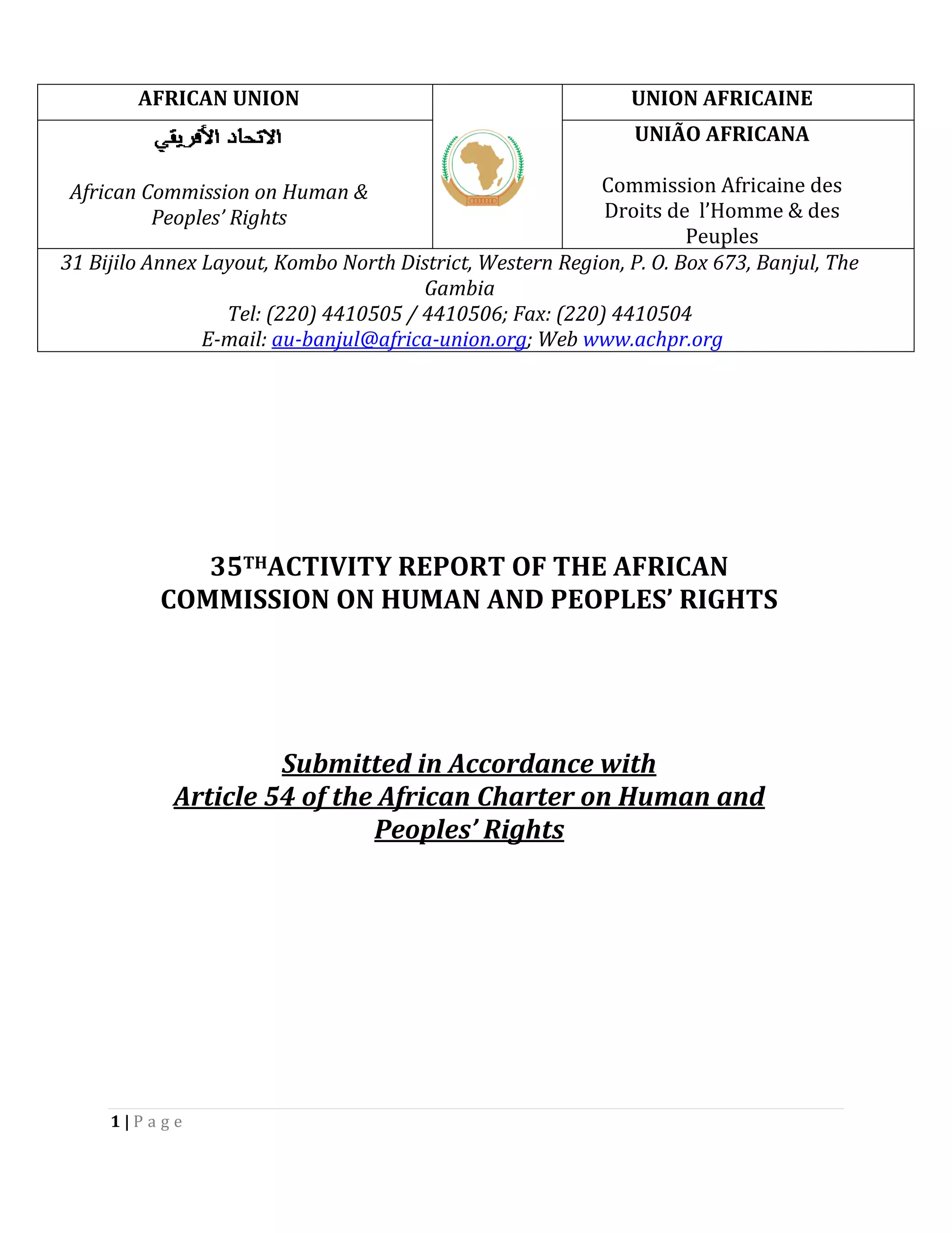 35th Activity Report of the African Commission on Human and Peoples ...