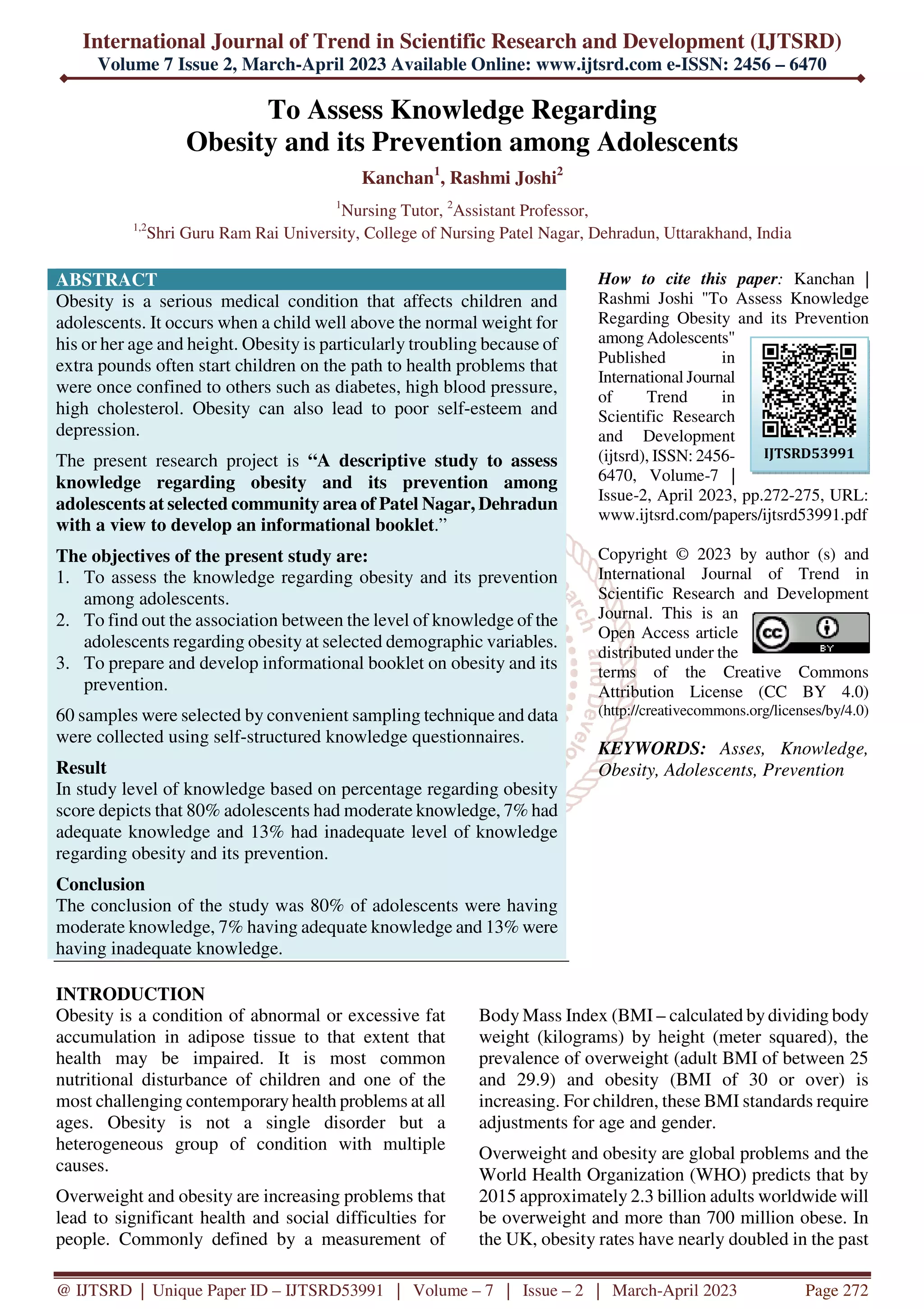 To Assess Knowledge Regarding Obesity and its Prevention among ...