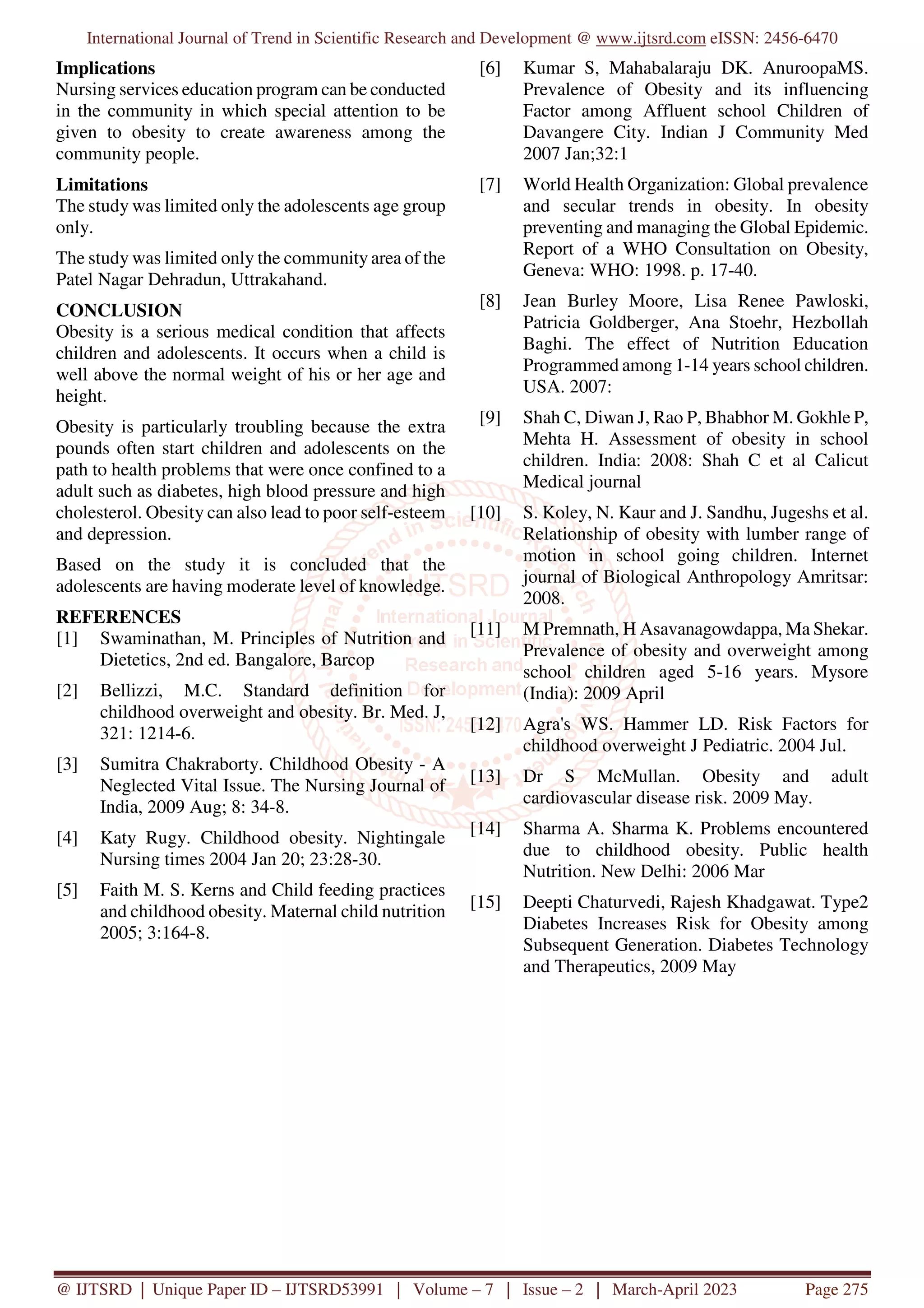 To Assess Knowledge Regarding Obesity and its Prevention among ...