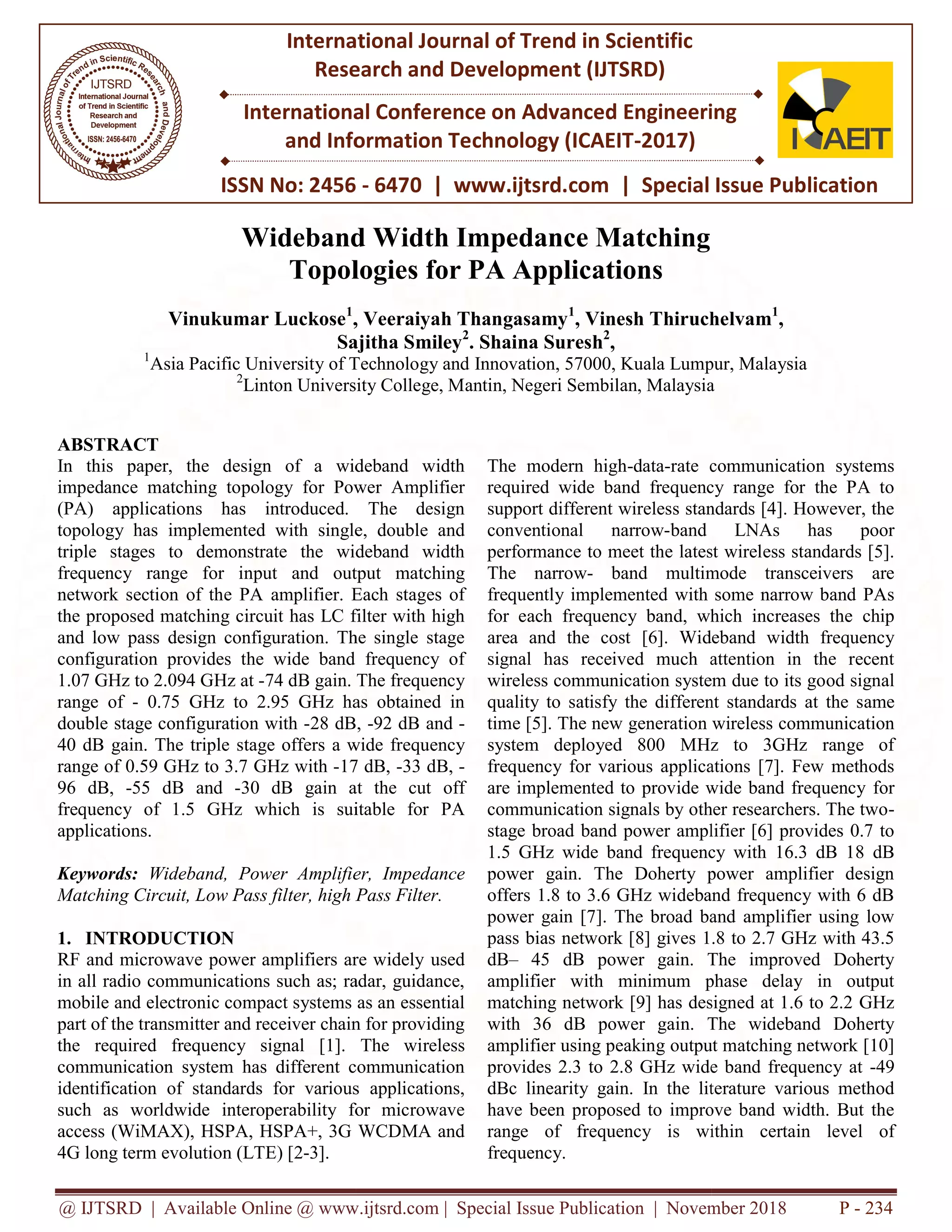 Wideband Width Impedance Matching Topologies for PA Applications | PDF
