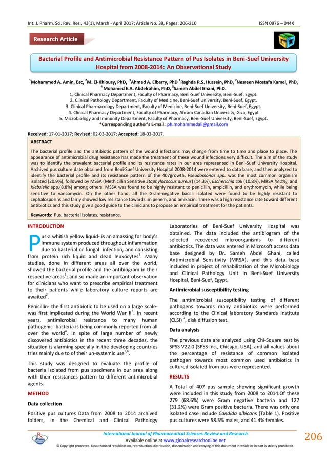Bacterial Profile and Antimicrobial Resistance Pattern of Pus Isolates ...