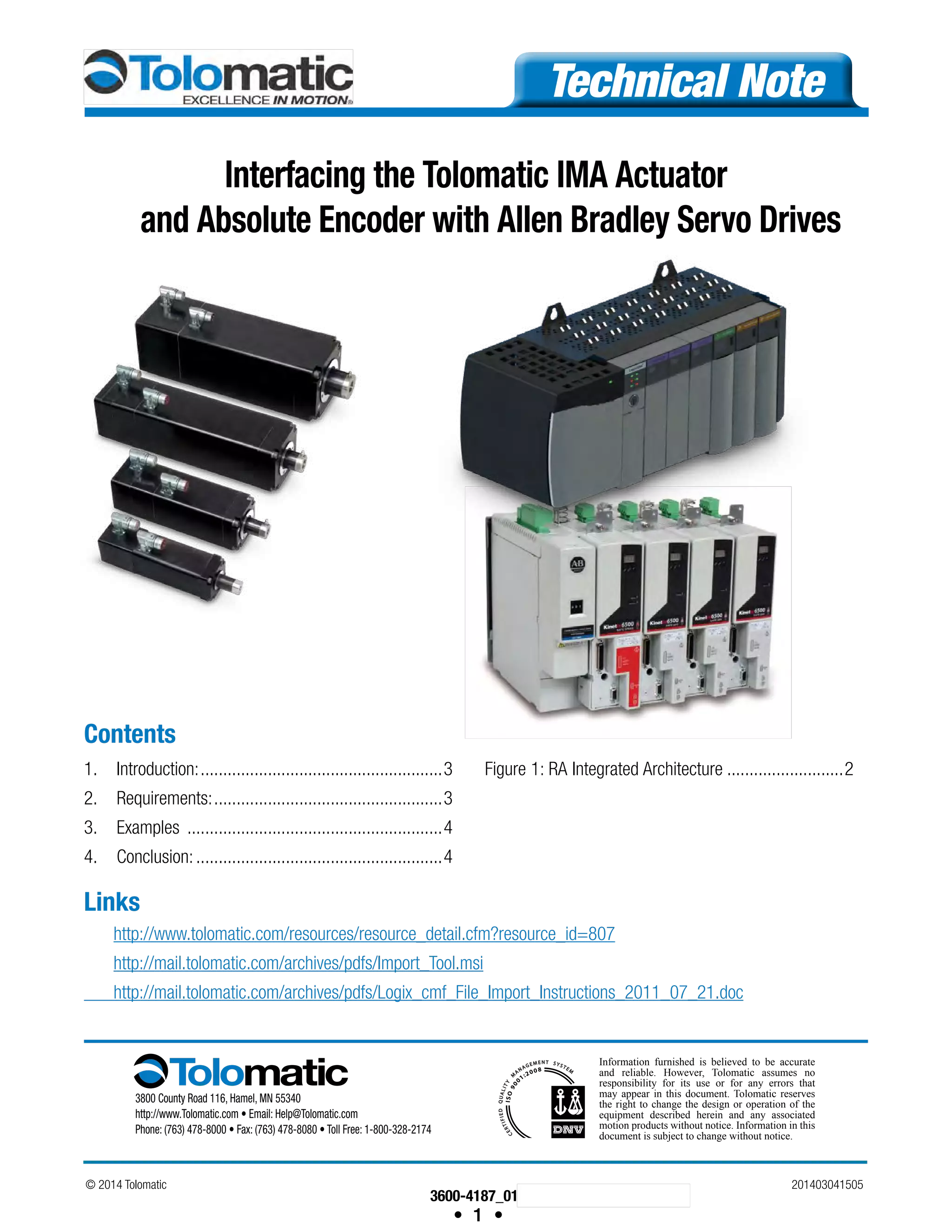 Interfacing the Tolomatic IMA Actuator and Absolute Encoder with Allen Bradley Servo Drives ...
