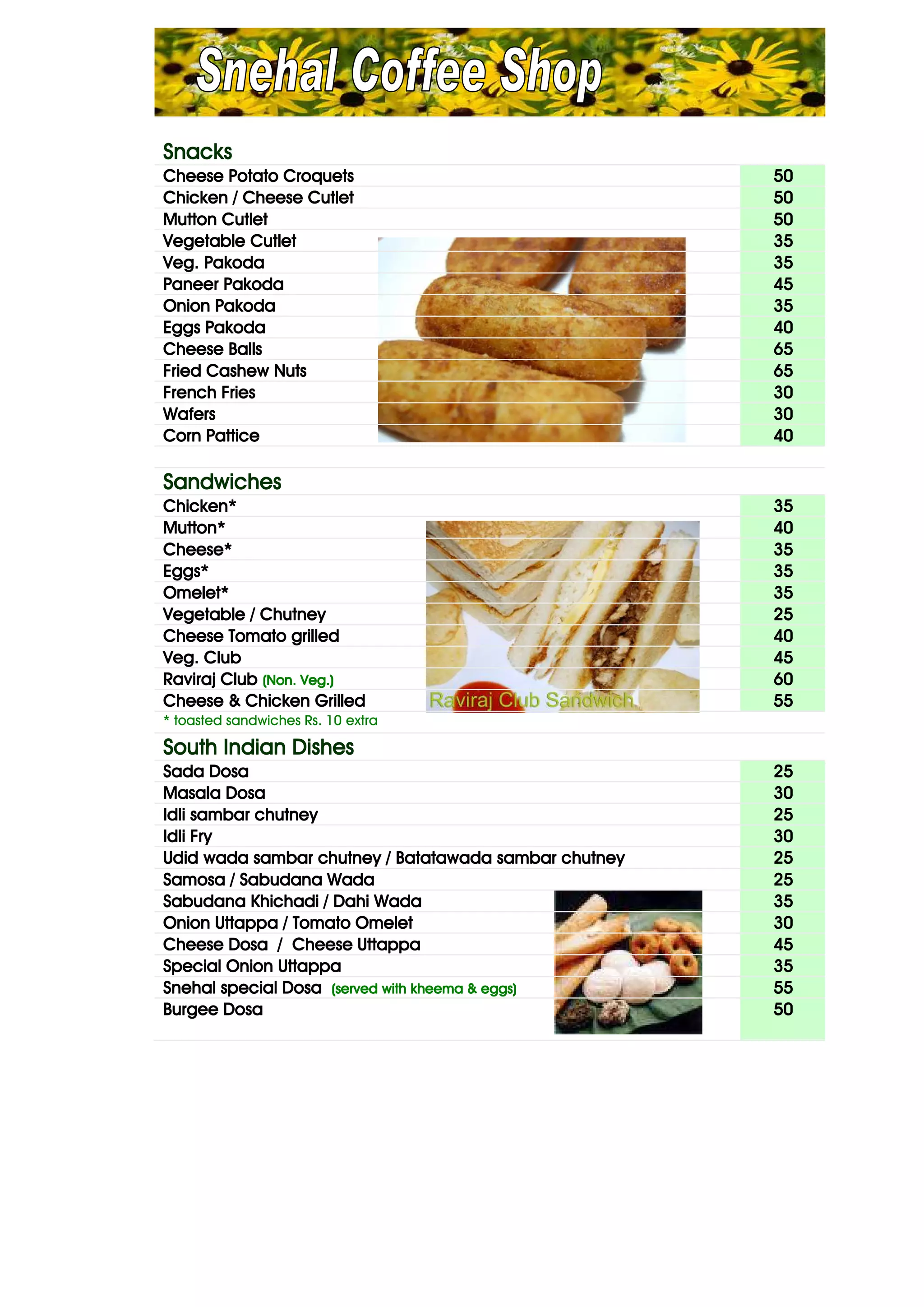 Raviraj - coffee shop menu card 2009-2010 | PDF