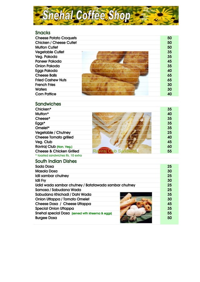 Raviraj - coffee shop menu card 2009-2010 | PDF