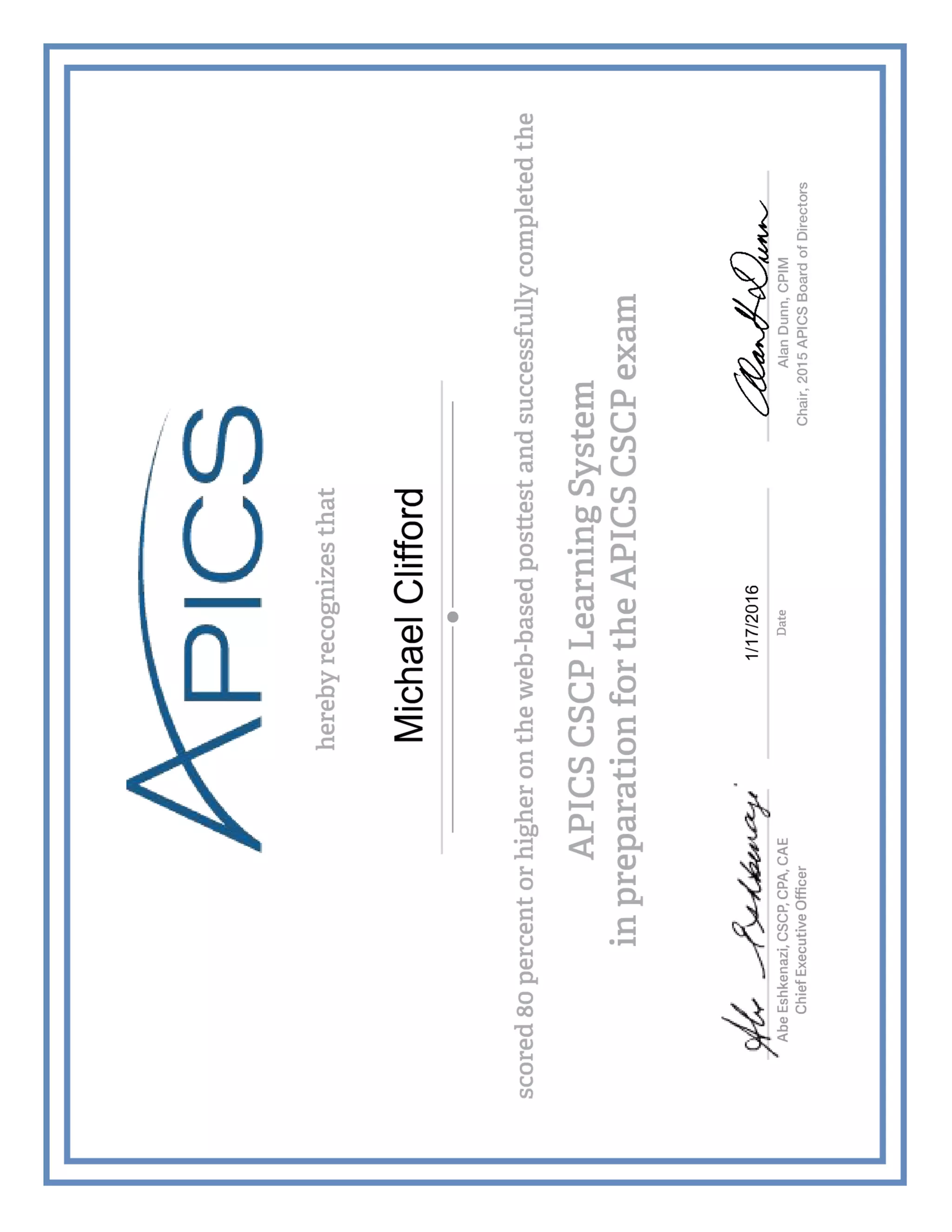 APICS CSCP 2015 certificate | PDF