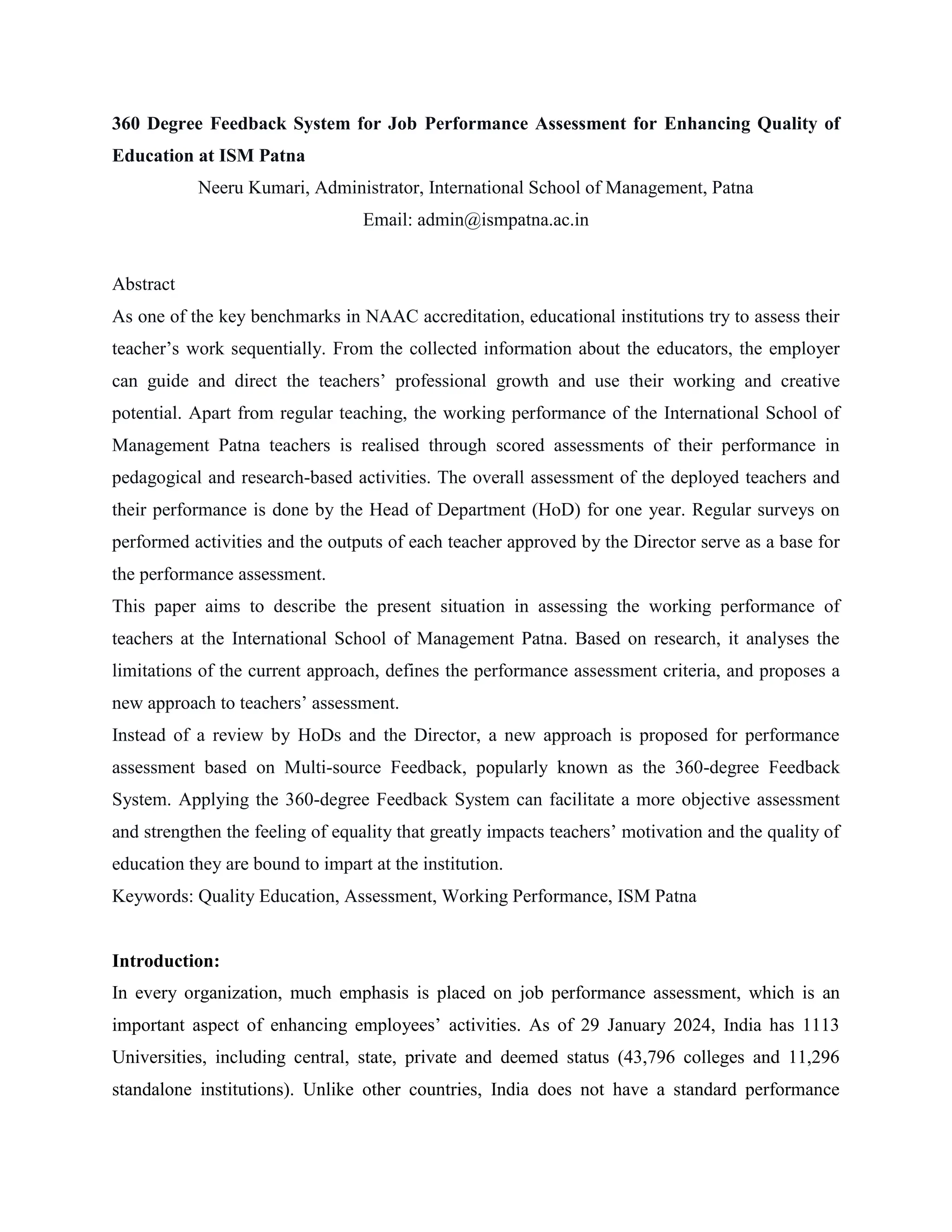 360 Degree Feedback System for Job Performance Assessment for Enhancing ...