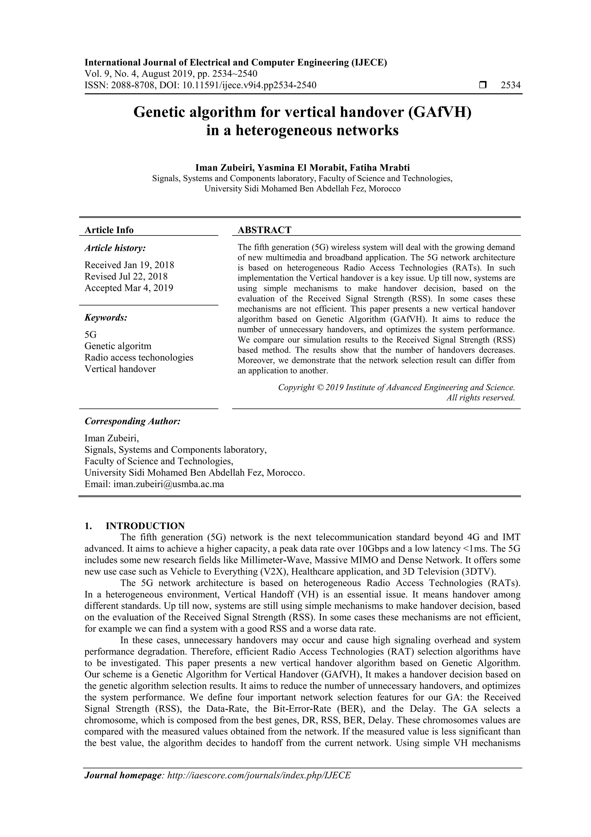 Genetic Algorithm For Vertical Handover Gafvh In A Heterogeneous Networks Pdf