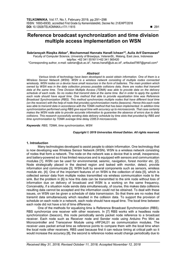 Reference broadcast synchronization and time division multiple access implementation on WSN | PDF