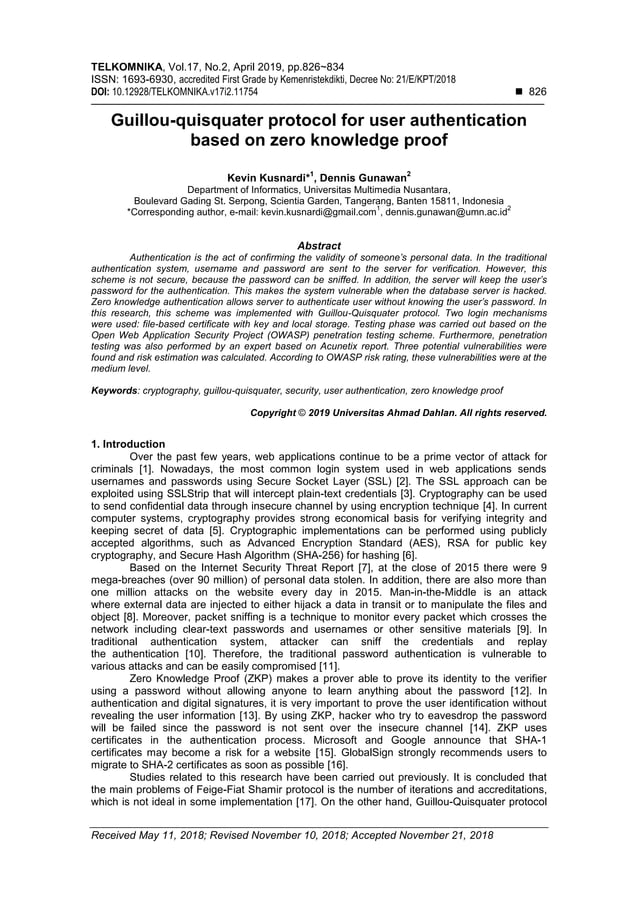 Guillou-quisquater protocol for user authentication based on zero knowledge proof | PDF